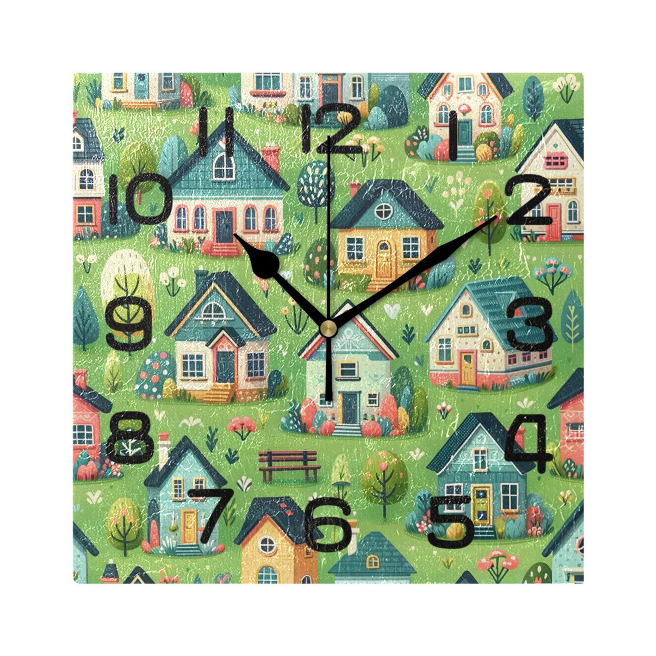 Wall Clock Square Silent Non-Ticking Cute Houses and Trees Retro ...