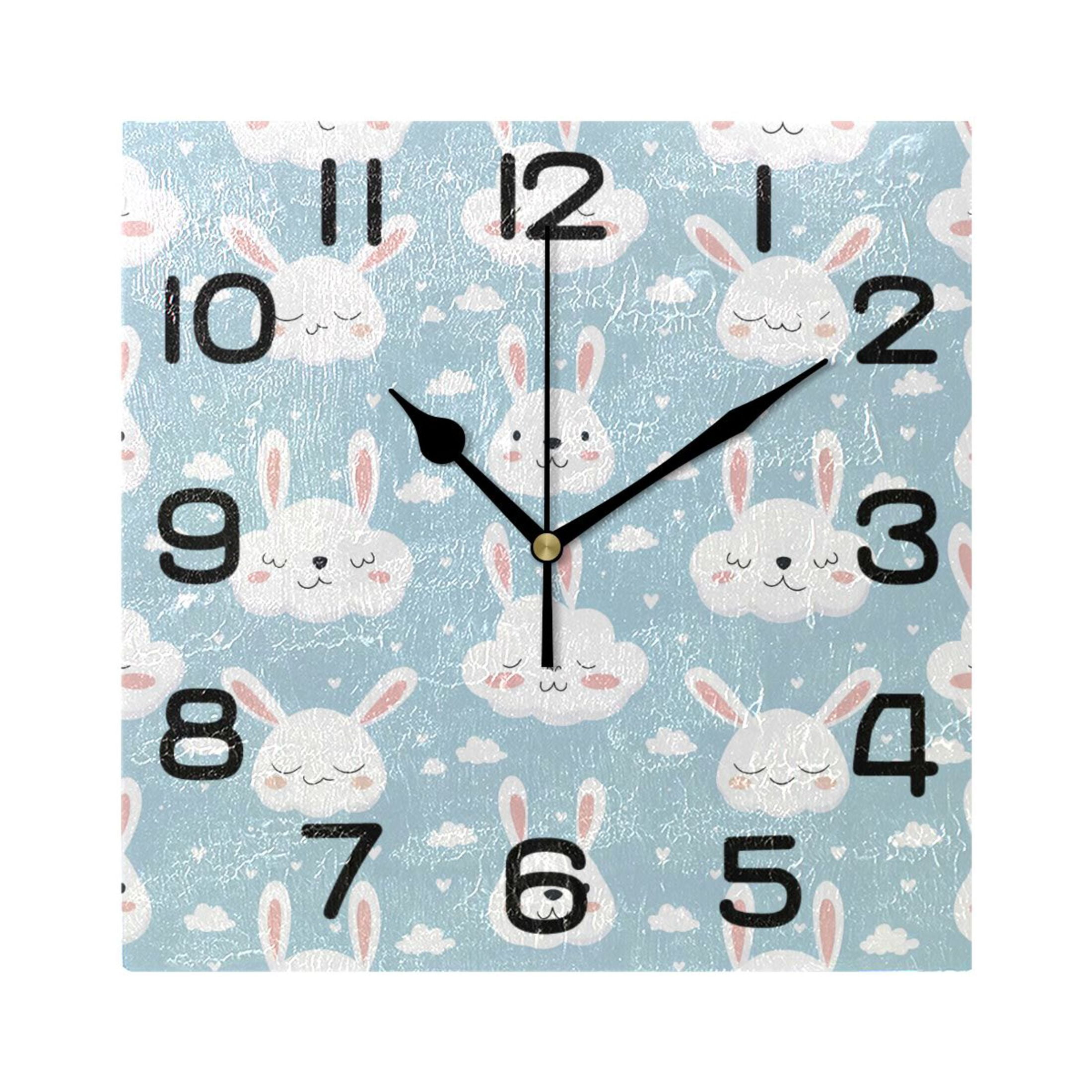 Wall Clock Square Silent Non-Ticking Cute Rabbit Cloud Retro Battery ...