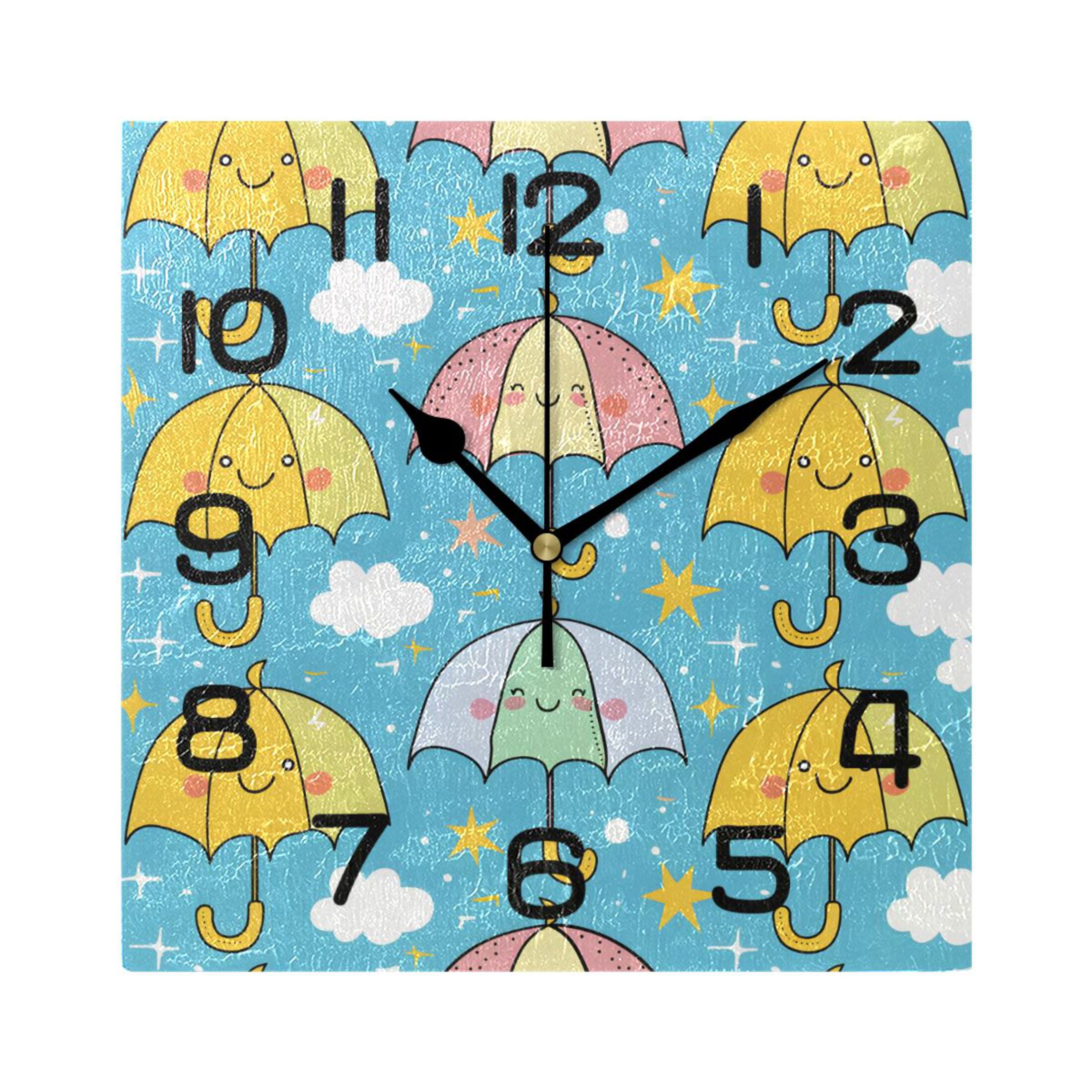 Wall Clock Square Silent Non-Ticking Cute Umbrella and Clouds Retro ...