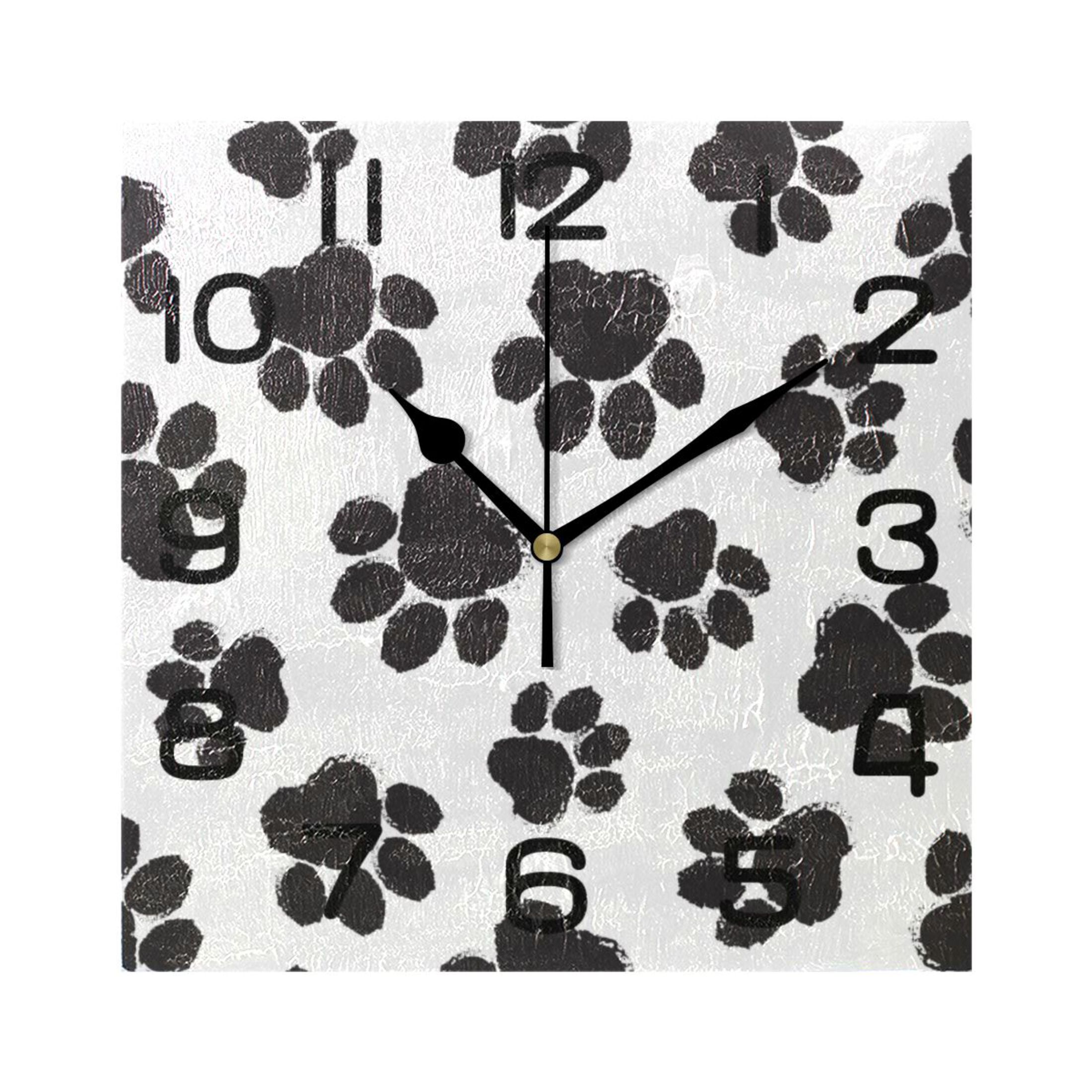 Wall Clock Square Silent Non-Ticking Dog Footprint Retro Battery ...