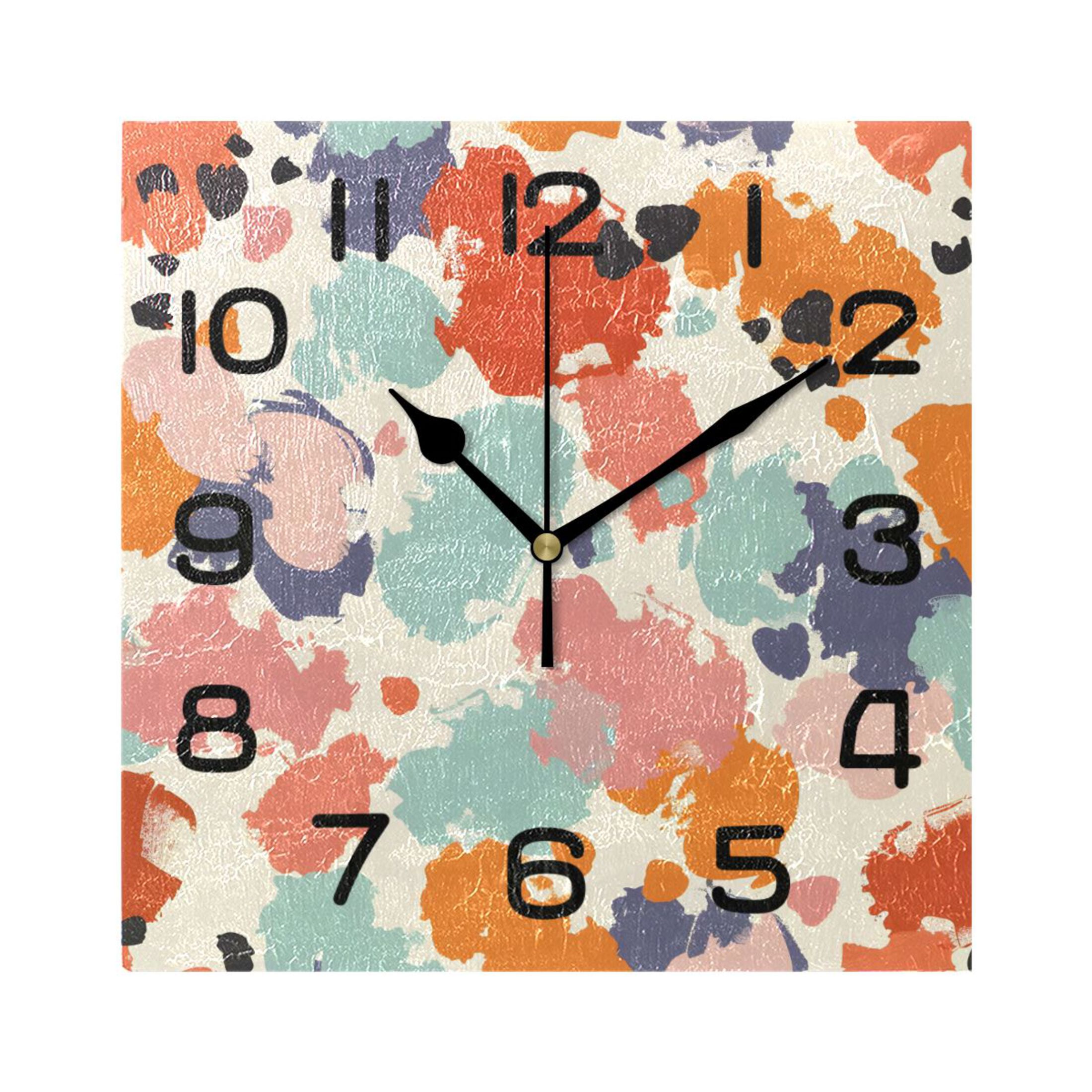 Wall Clock Square Silent Non-Ticking Doodle Spots Retro Battery ...