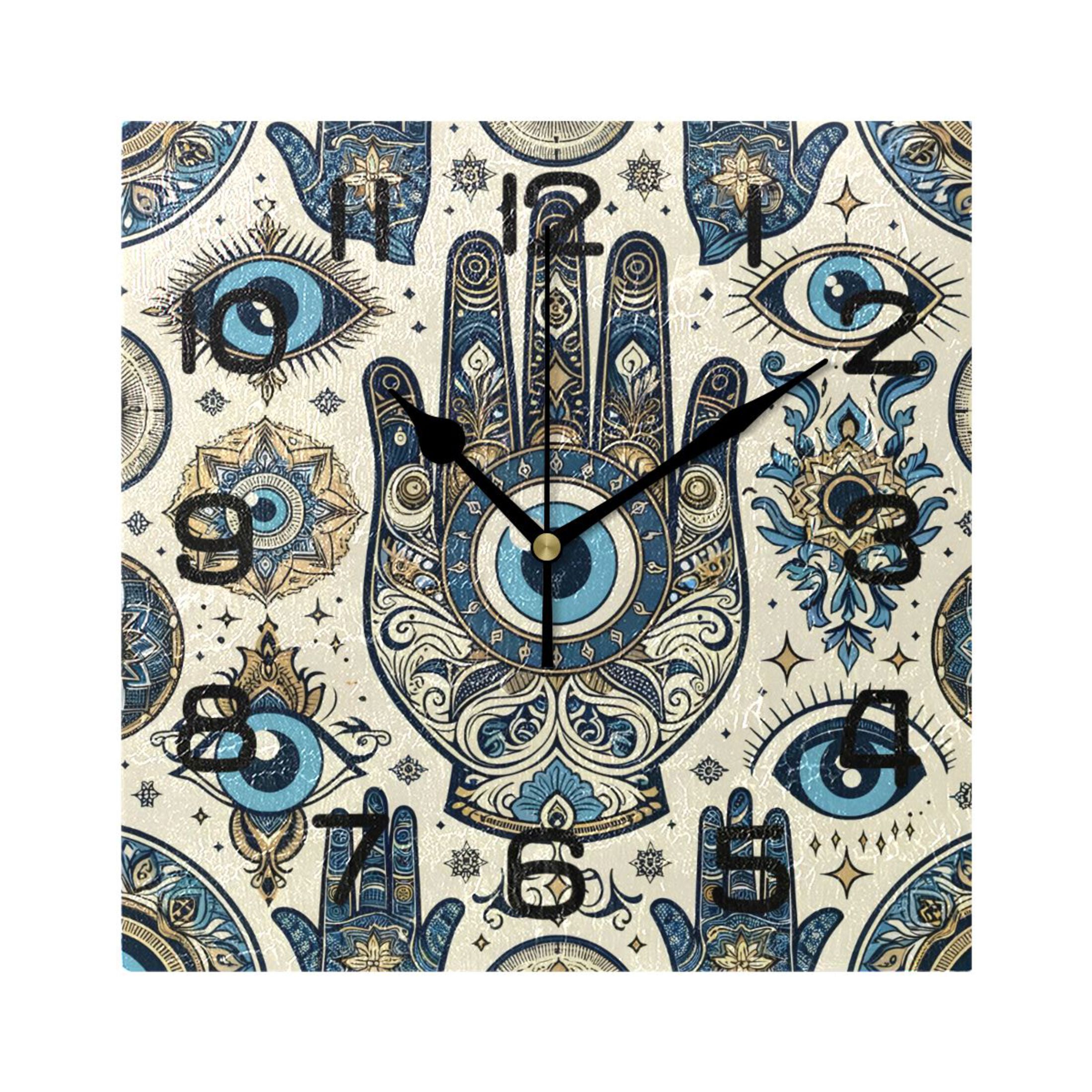 Wall Clock Square Silent Non-Ticking Eyes on Boho Hands Retro Battery ...
