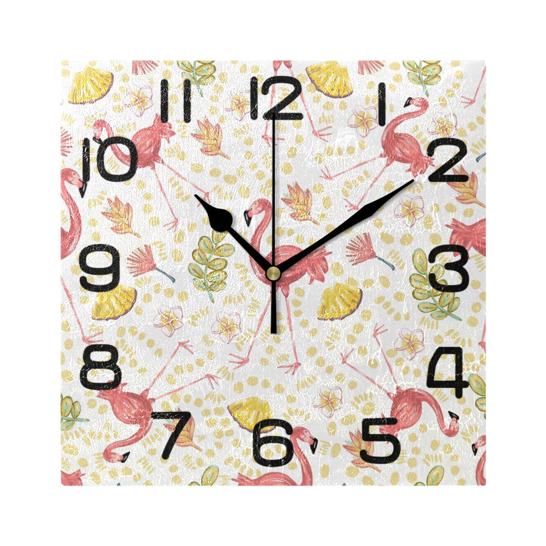 Wall Clock Square Silent Non-Ticking Flamingo and Pineapple Tropical ...