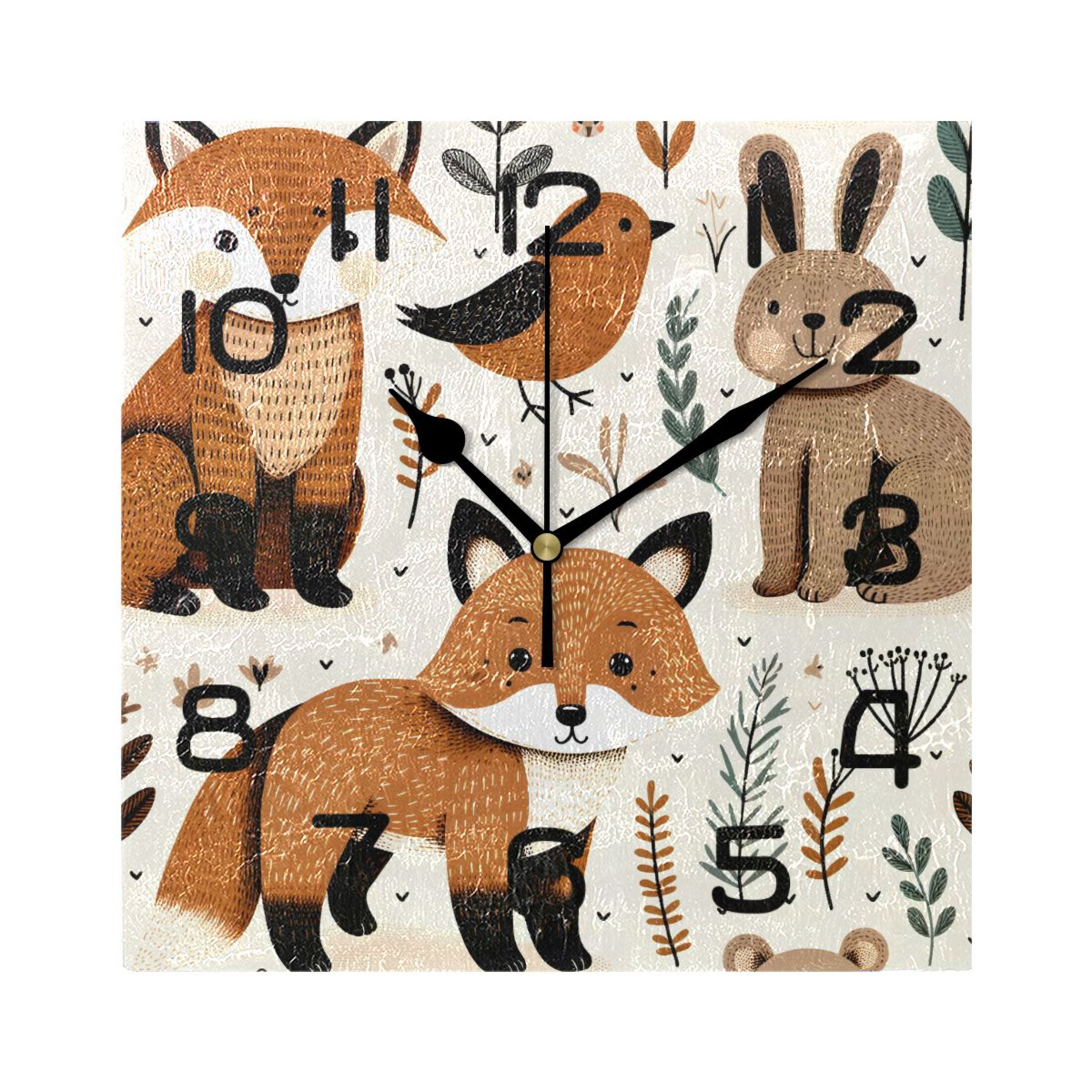 Wall Clock Square Silent Non-Ticking Fox Rabbit Bird and Leaves Retro ...