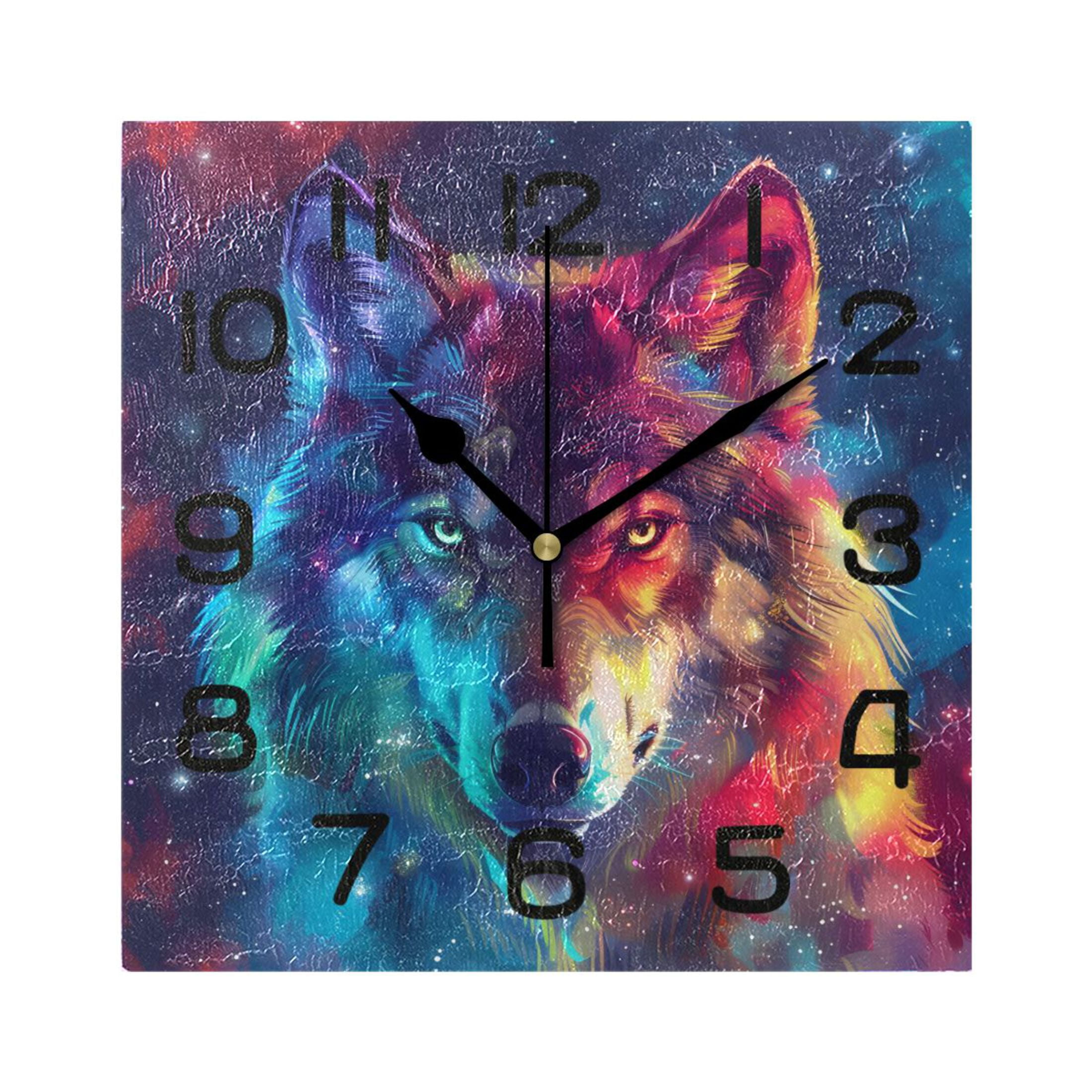 Wall Clock Square Silent Non-Ticking Galaxy Wolf Head Retro Battery ...