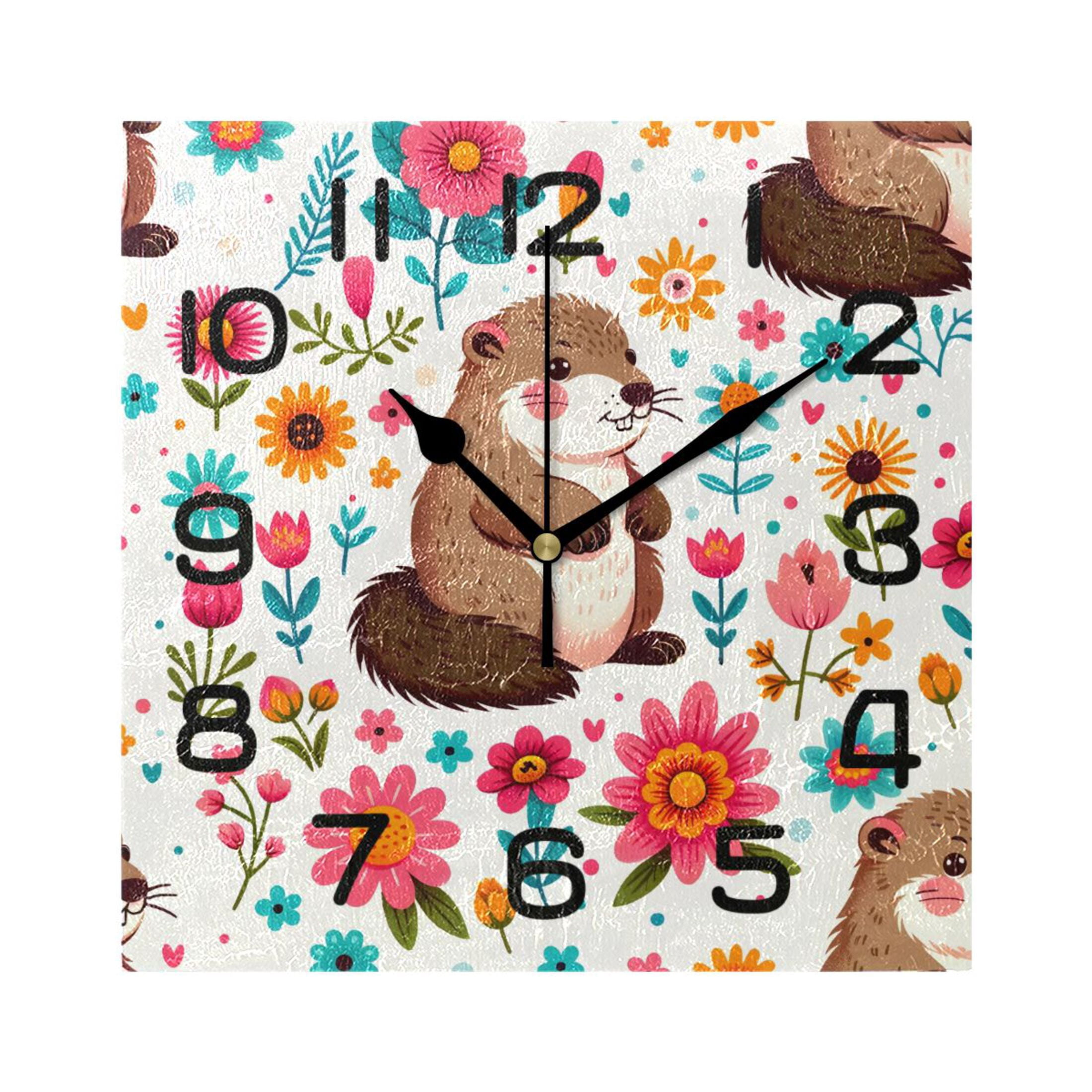 Wall Clock Square Silent Non-Ticking Gophers with Flower and Leaves ...