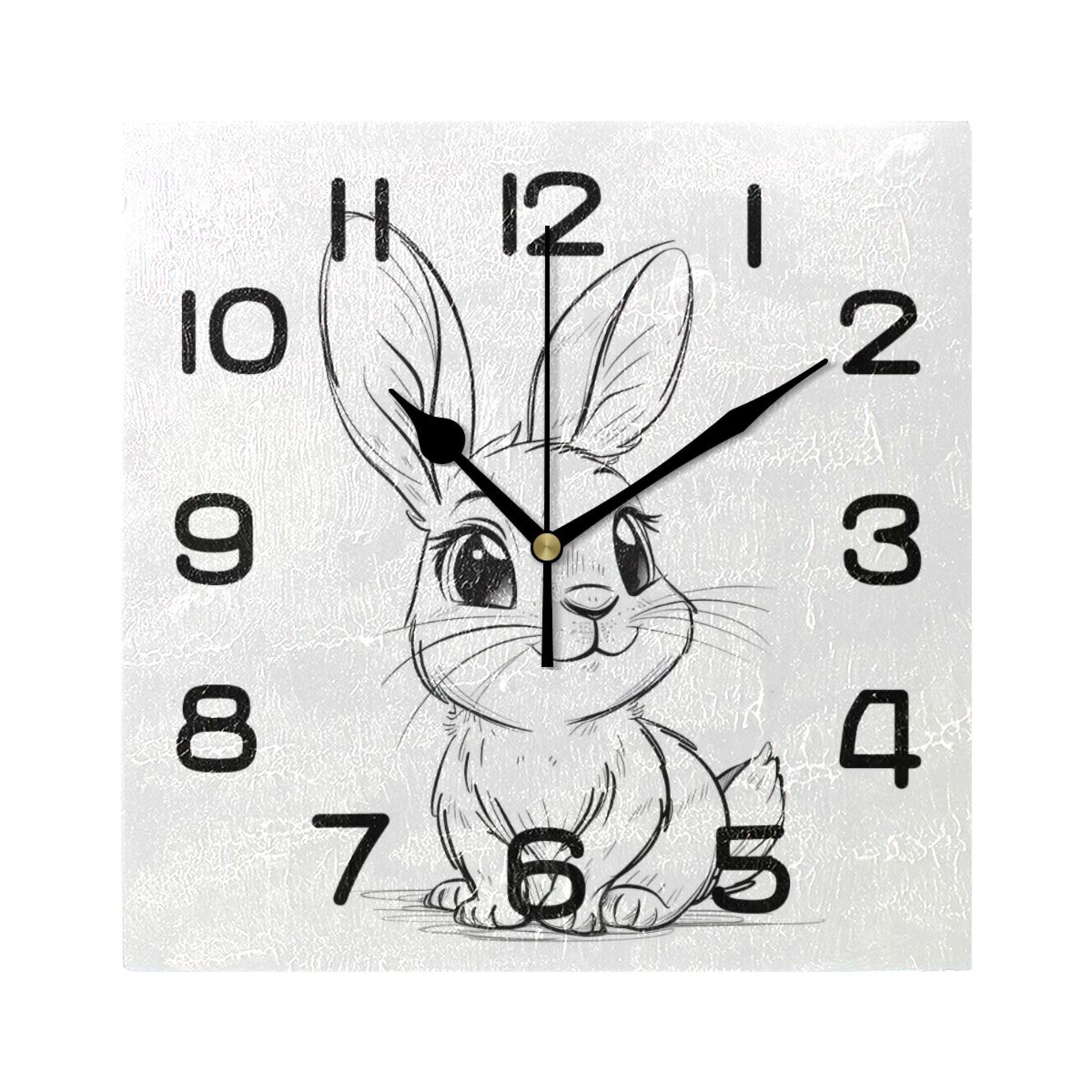 Wall Clock Square Silent Non-Ticking Hand Draw Rabbit Retro Battery ...