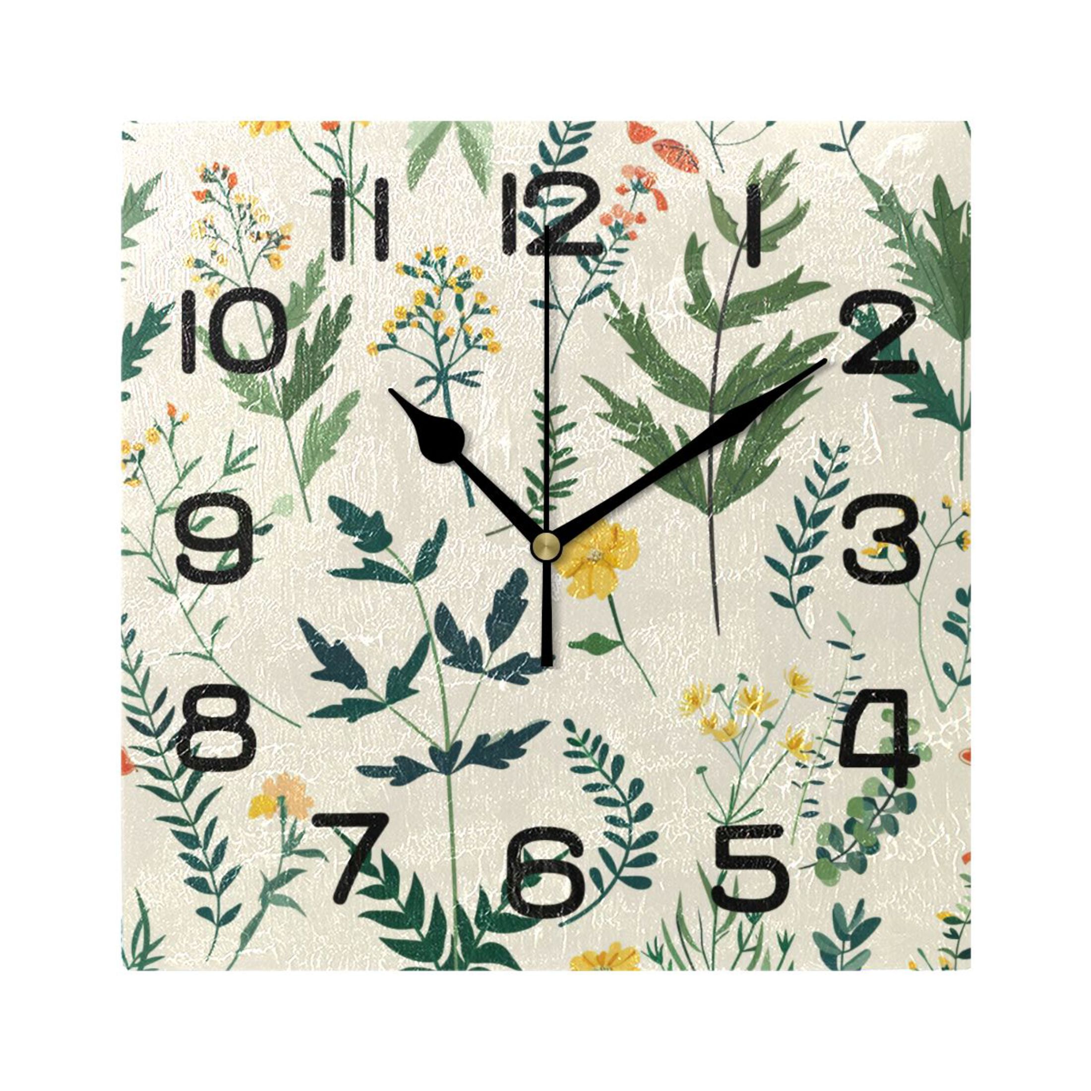 Wall Clock Square Silent Non-Ticking Herb Leaves Plant Retro Battery ...
