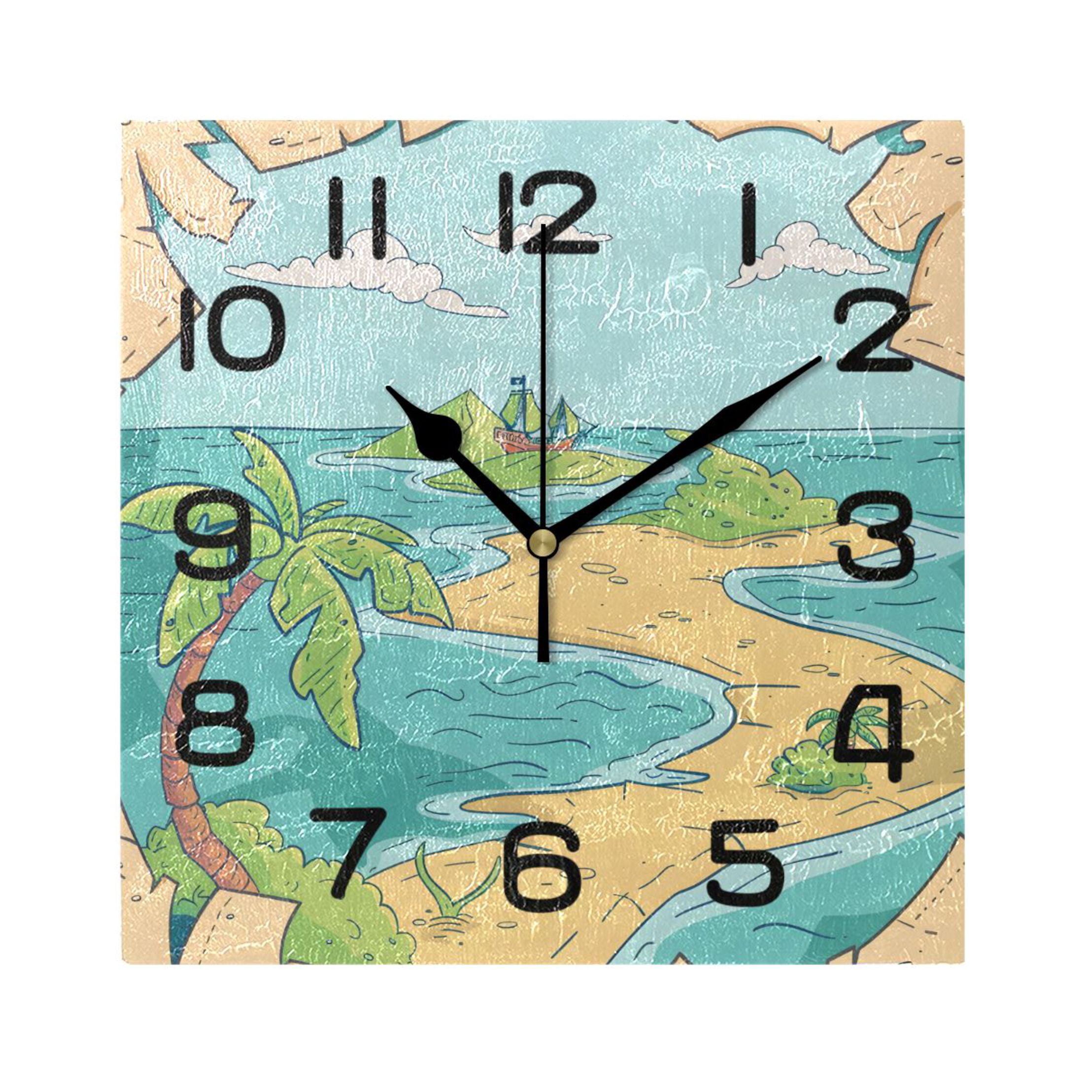 Wall Clock Square Silent Non-Ticking Island Map and Sea Retro Battery ...