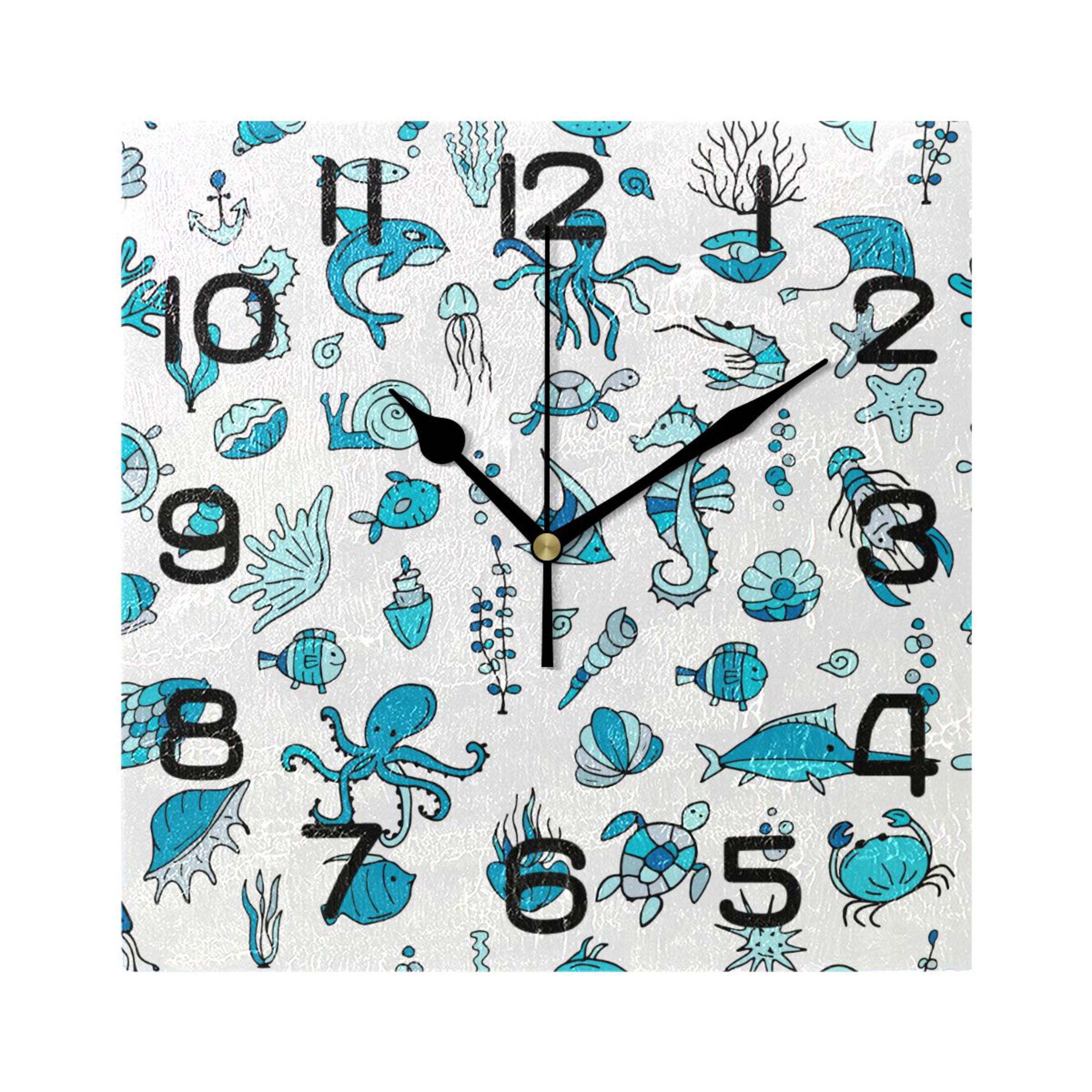 Wall Clock Square Silent Non-Ticking Octopus Turtle Seahorse Animals ...