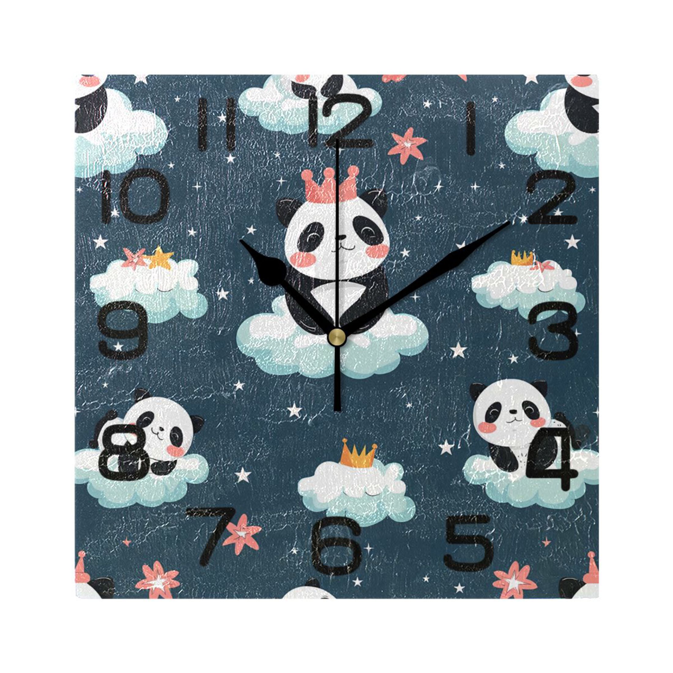 Wall Clock Square Silent Non-Ticking Pandas with Crown on Cloud Retro ...