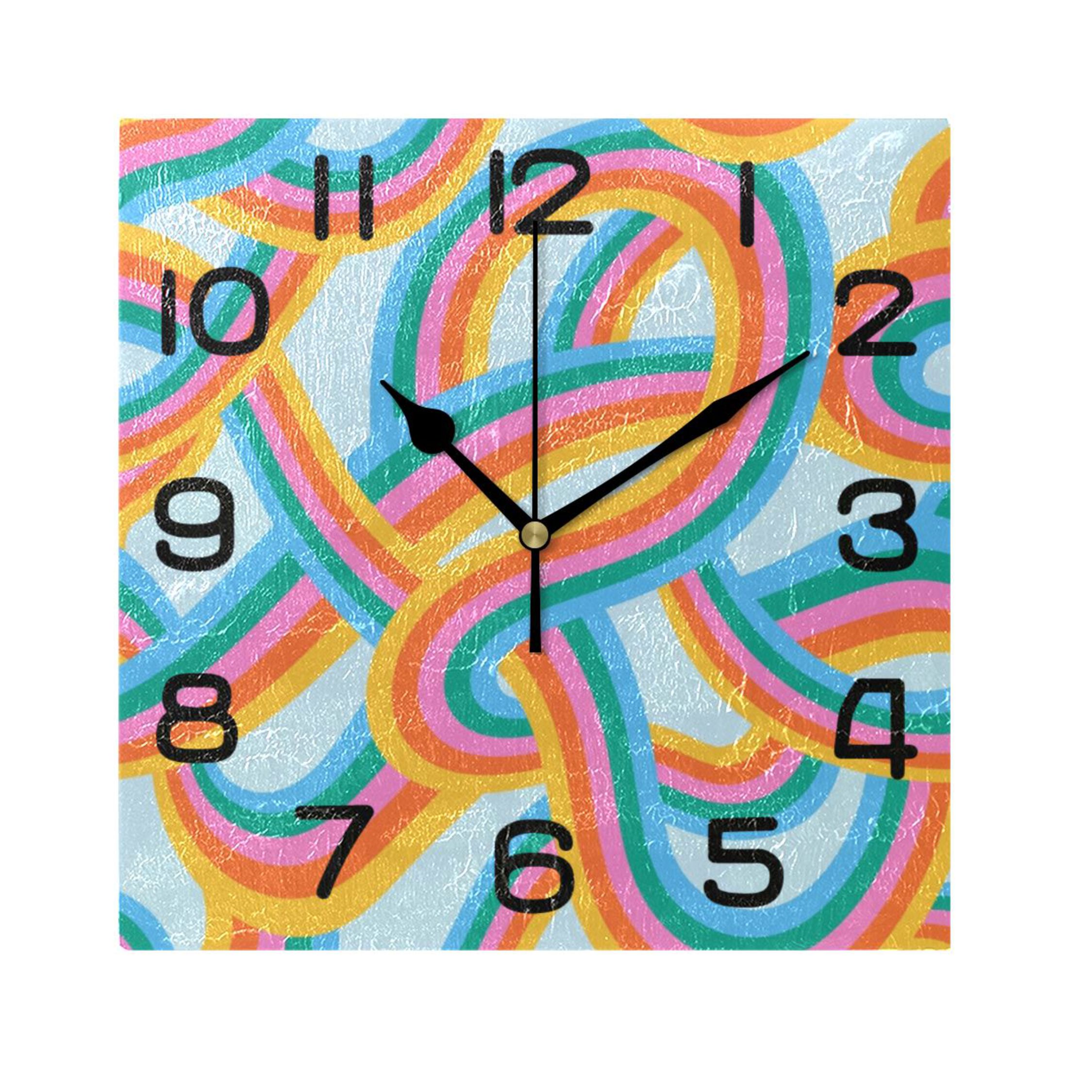 Wall Clock Square Silent Non-Ticking Retro Rainbow Abstract Retro ...