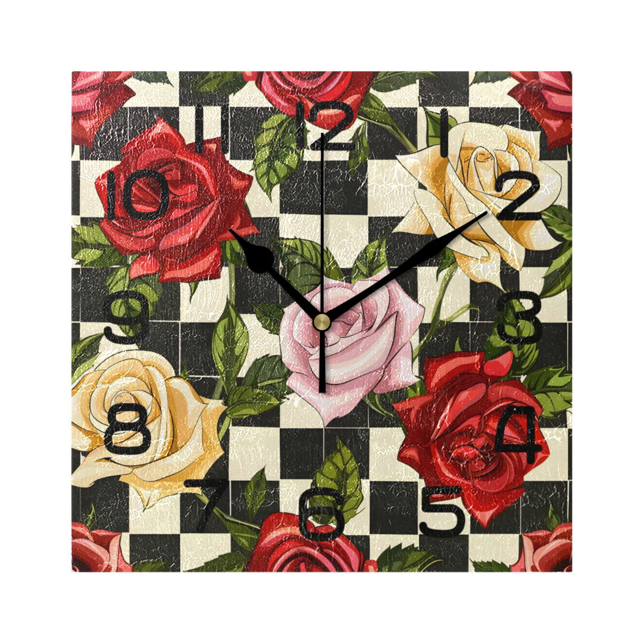Wall Clock Square Silent Non-Ticking Roses Flower on Lattice Retro ...