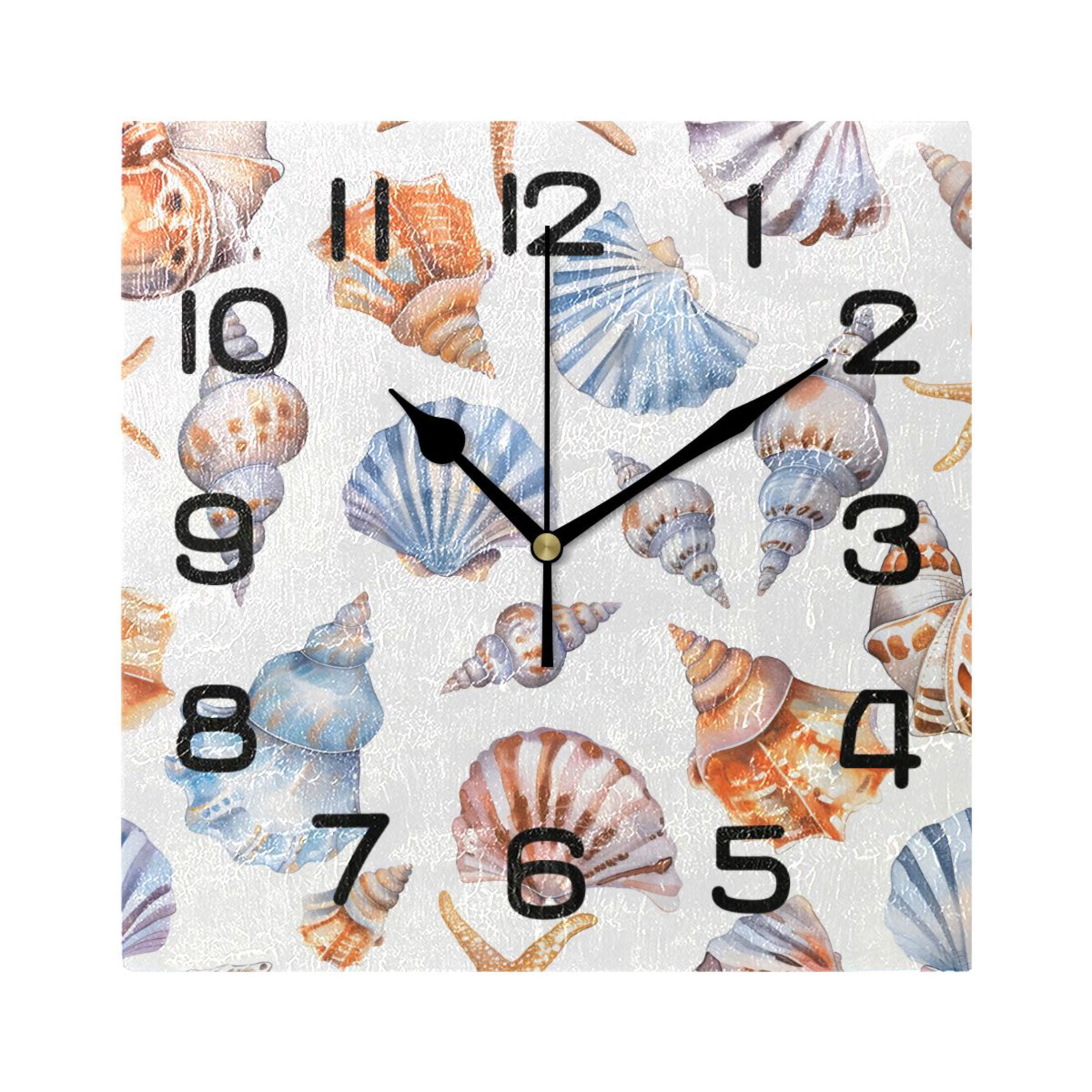 Wall Clock Square Silent Non-Ticking Sea Shell Coach Retro Battery ...