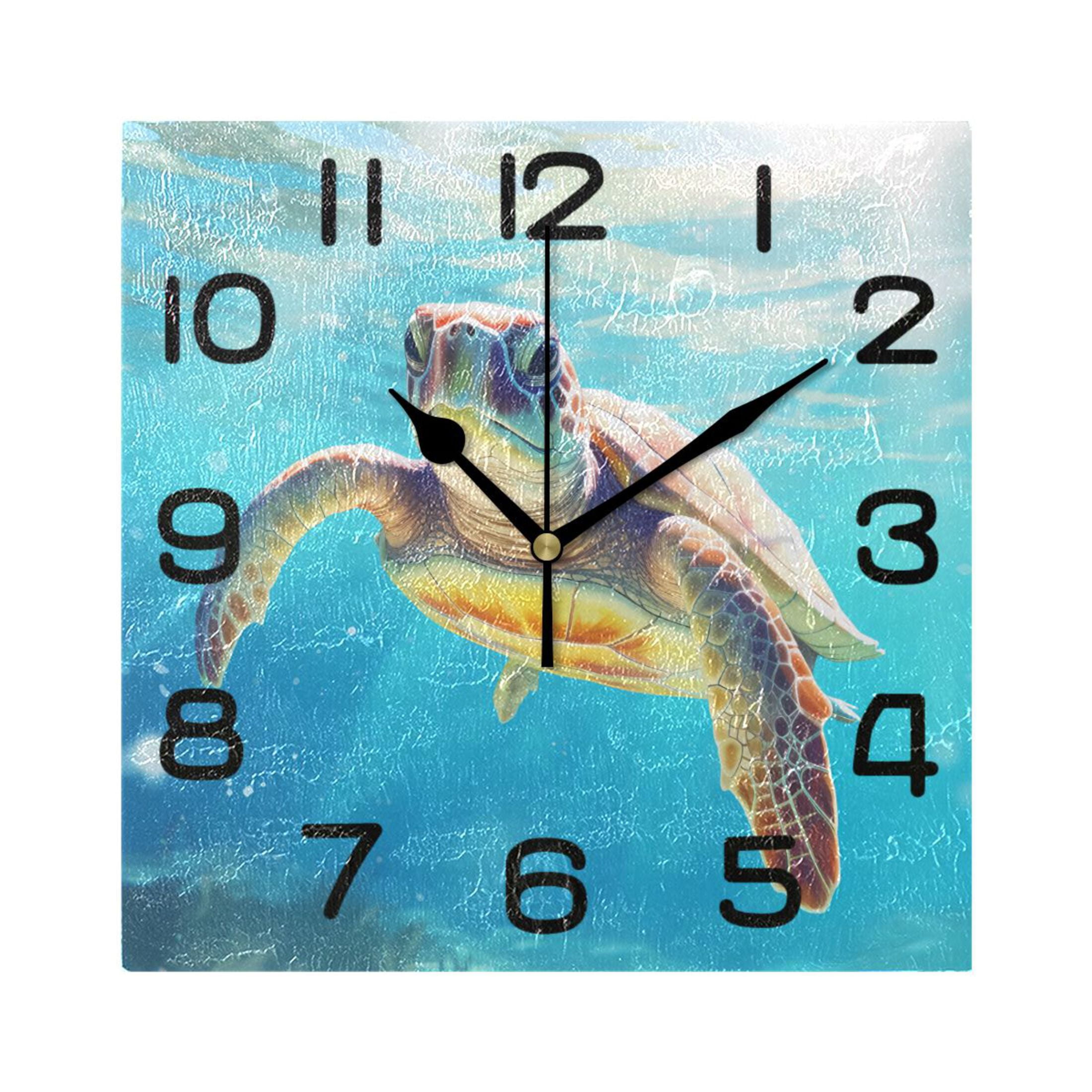 Wall Clock Square Silent Non-Ticking Sea Turtle Retro Battery Operated ...