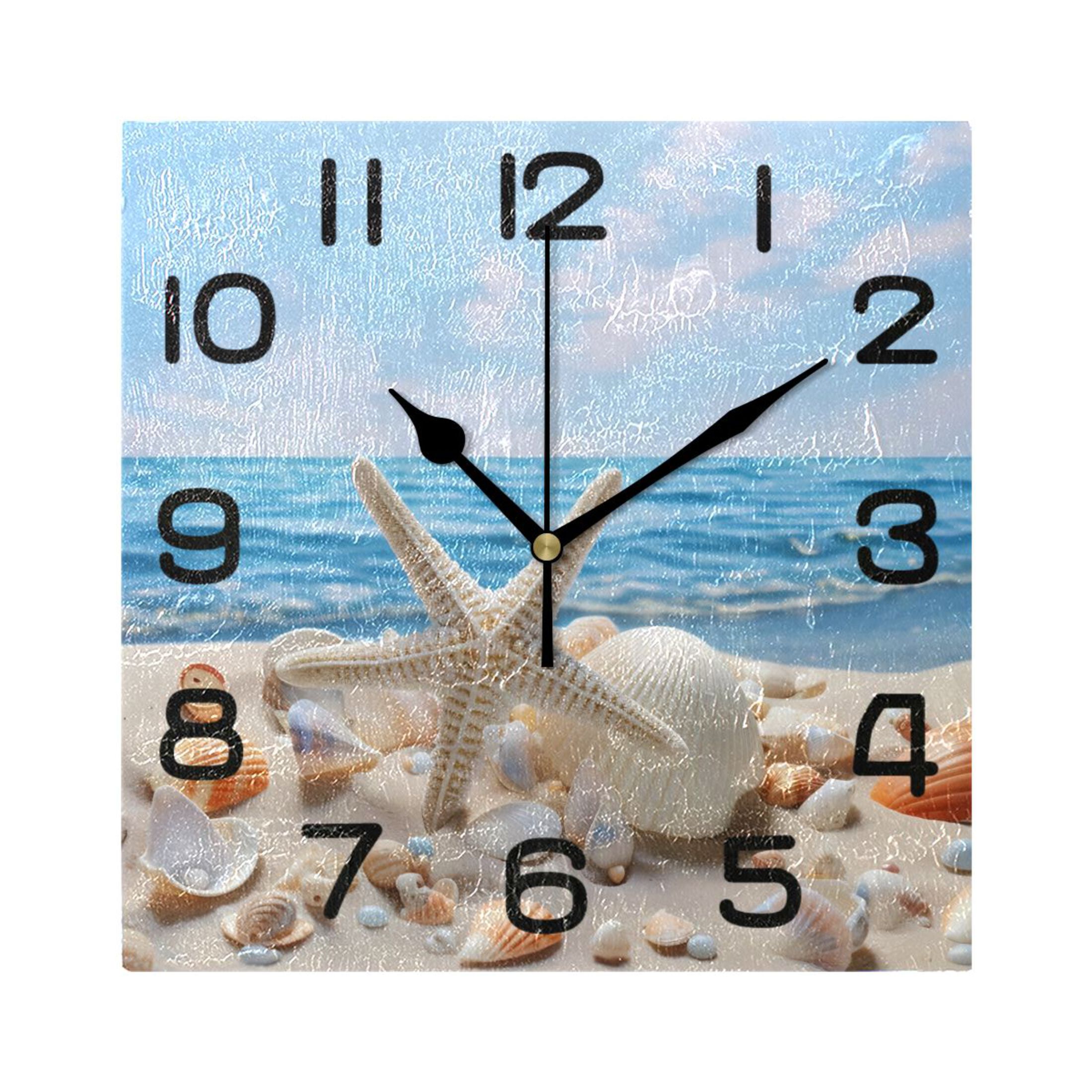 Wall Clock Square Silent Non-Ticking Seastar and Shells on Beach Retro ...