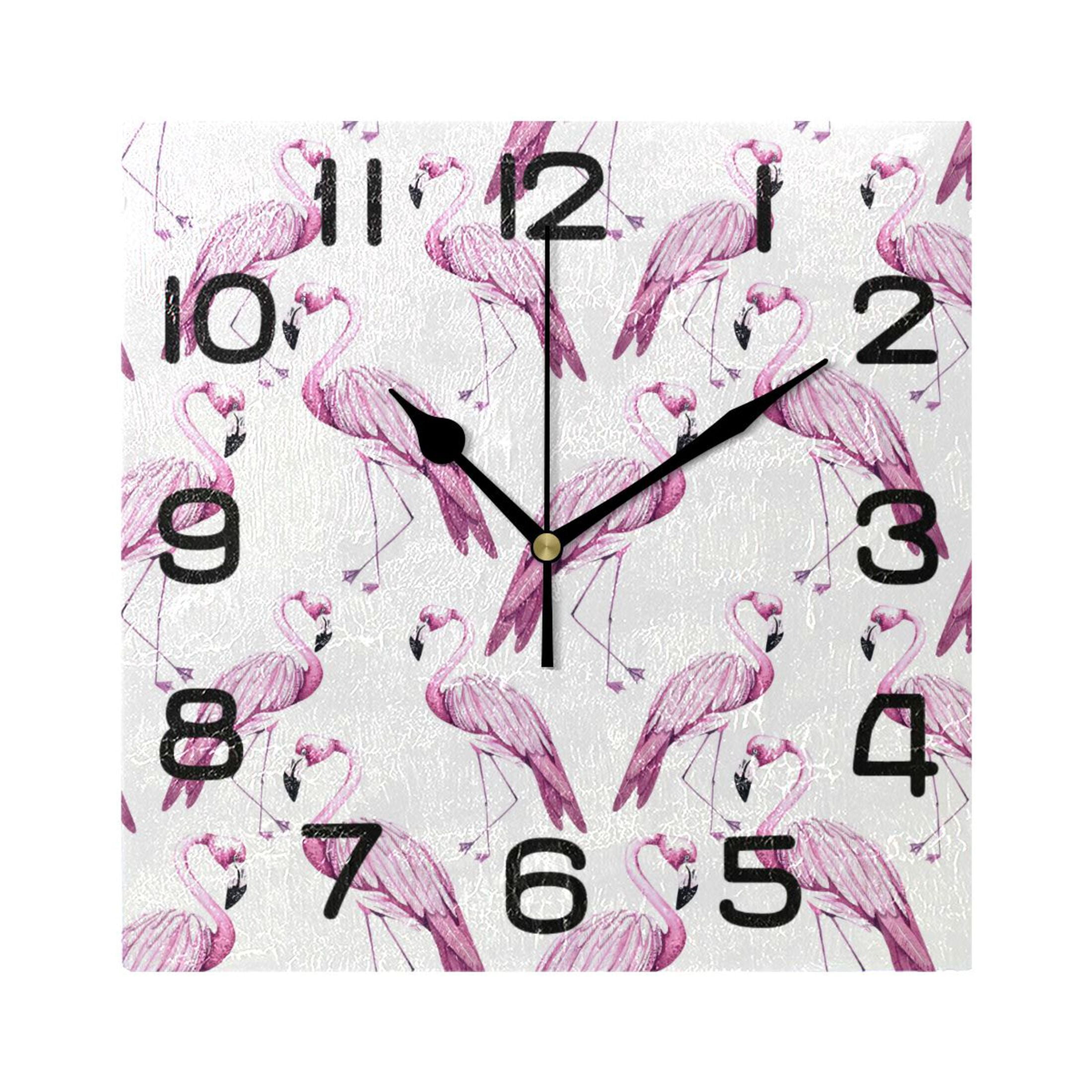 Wall Clock Square Silent Non-Ticking Tropical Flamingo Retro Battery ...