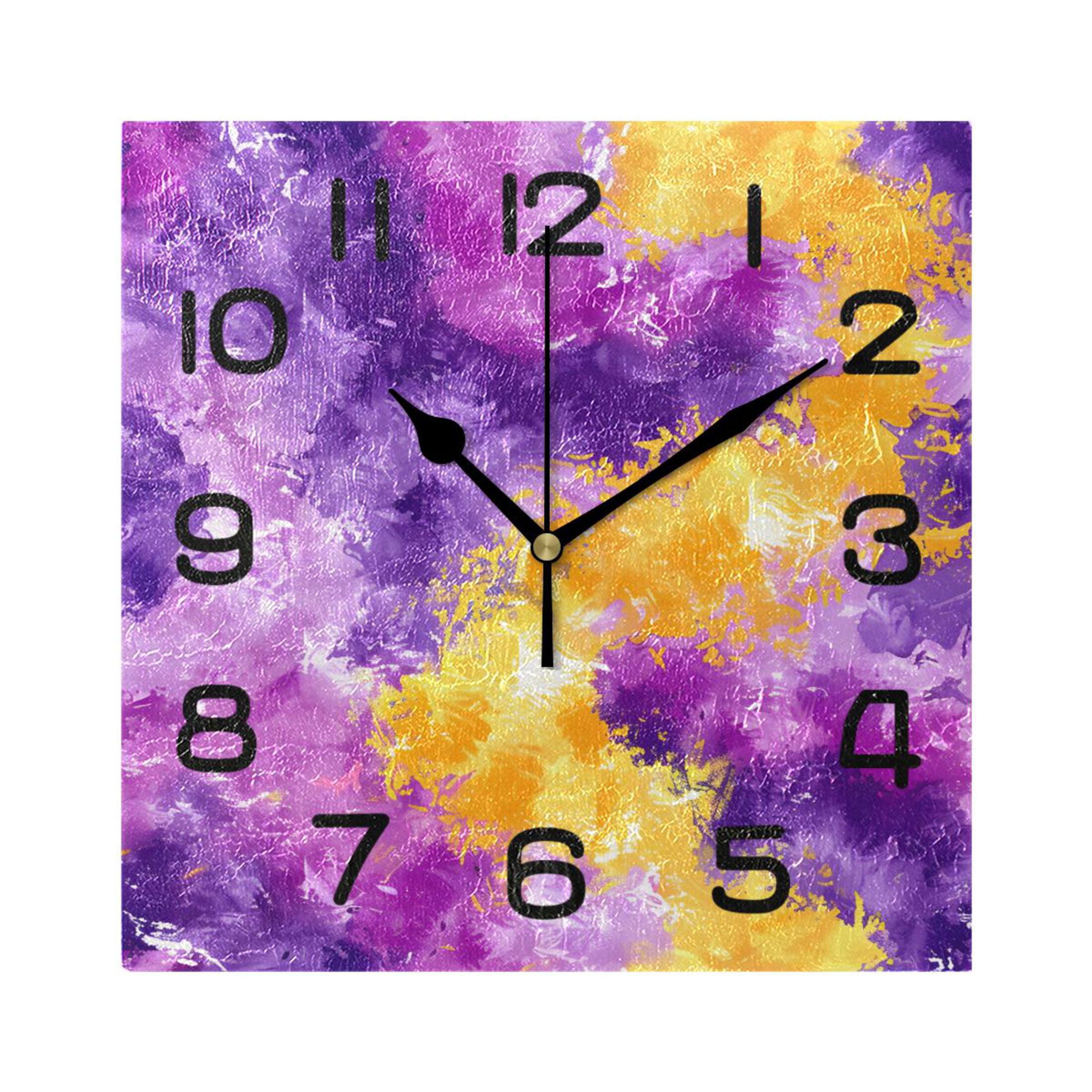 Wall Clock Square Silent Non-Ticking Yellow and Violet Tie Dye Retro ...