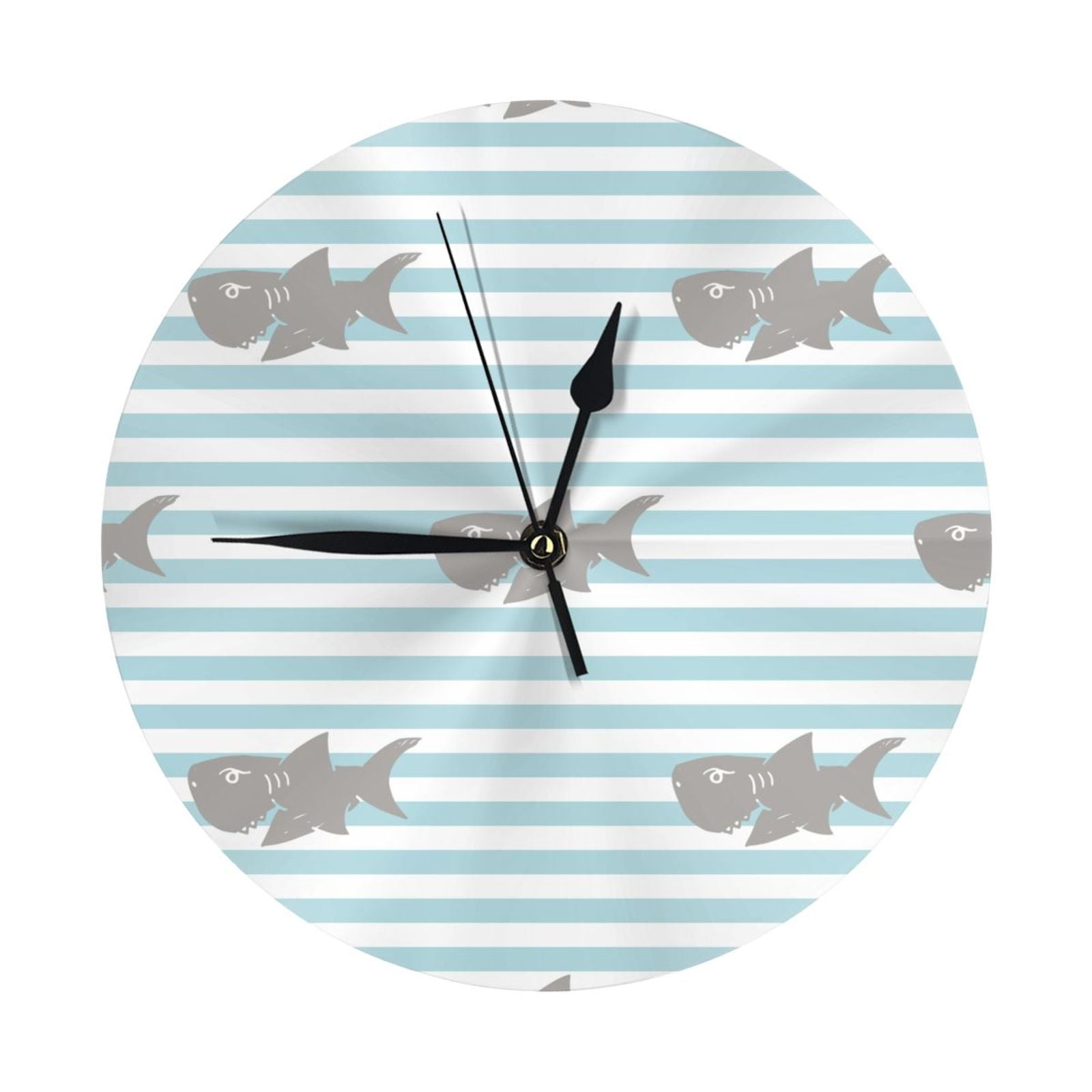 Wall Clock, Striped Cartoon Cute Shark Wall Clocks Battery Operated ...