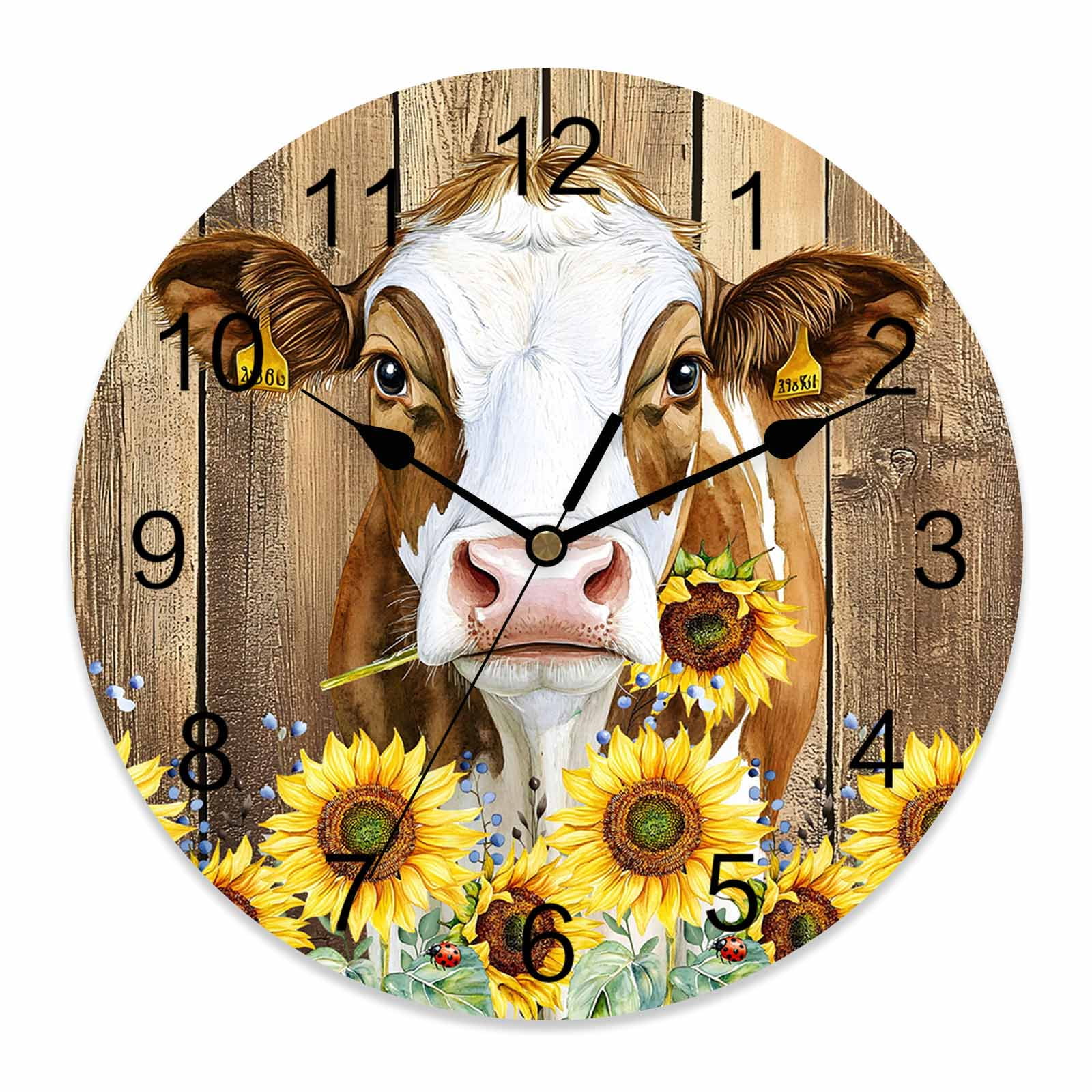 Wall Clock Sunflower Cow Clocks PVC Silent Non-Ticking Battery Operated ...