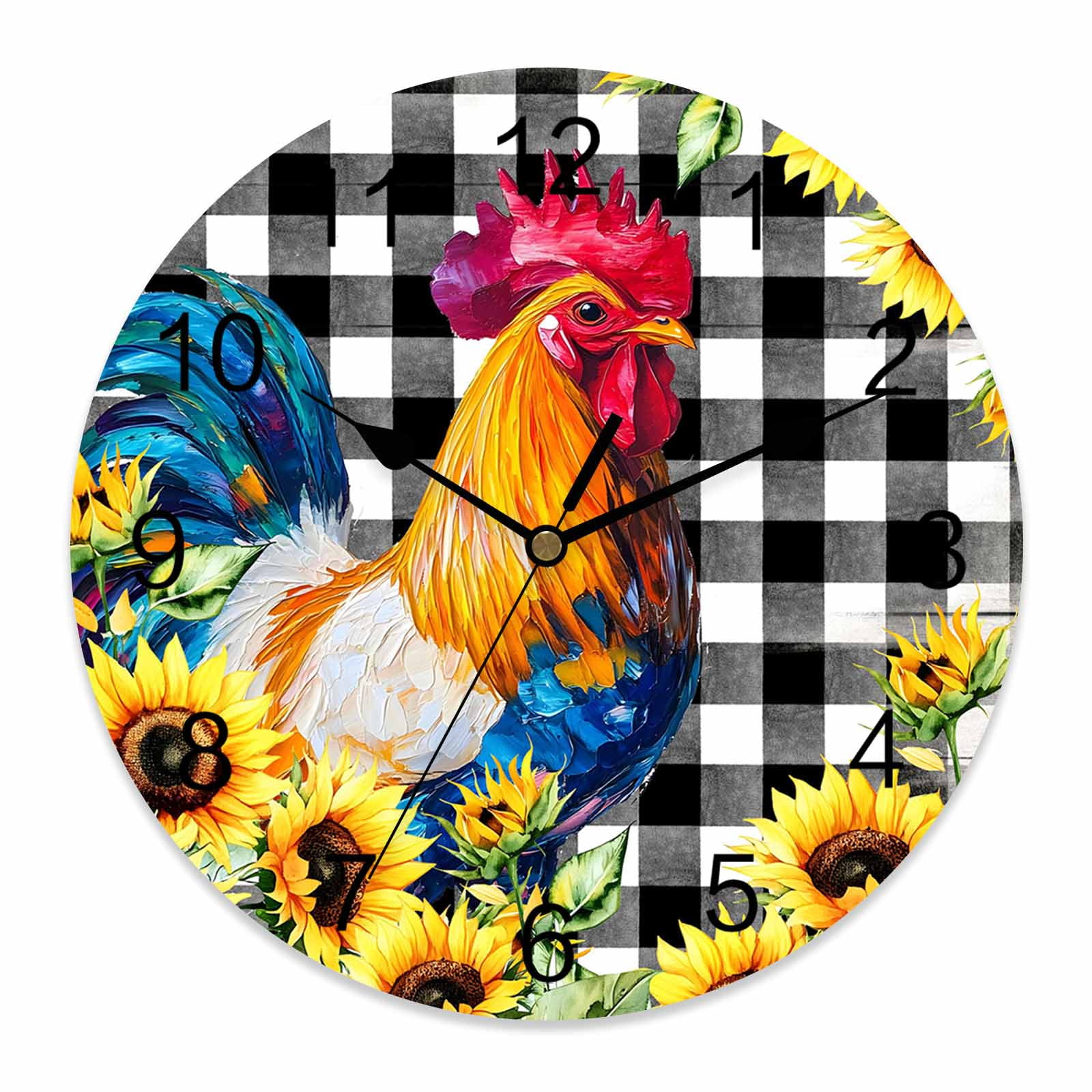 Wall Clock Sunflower Rooster Clocks PVC Silent Non-Ticking Battery ...