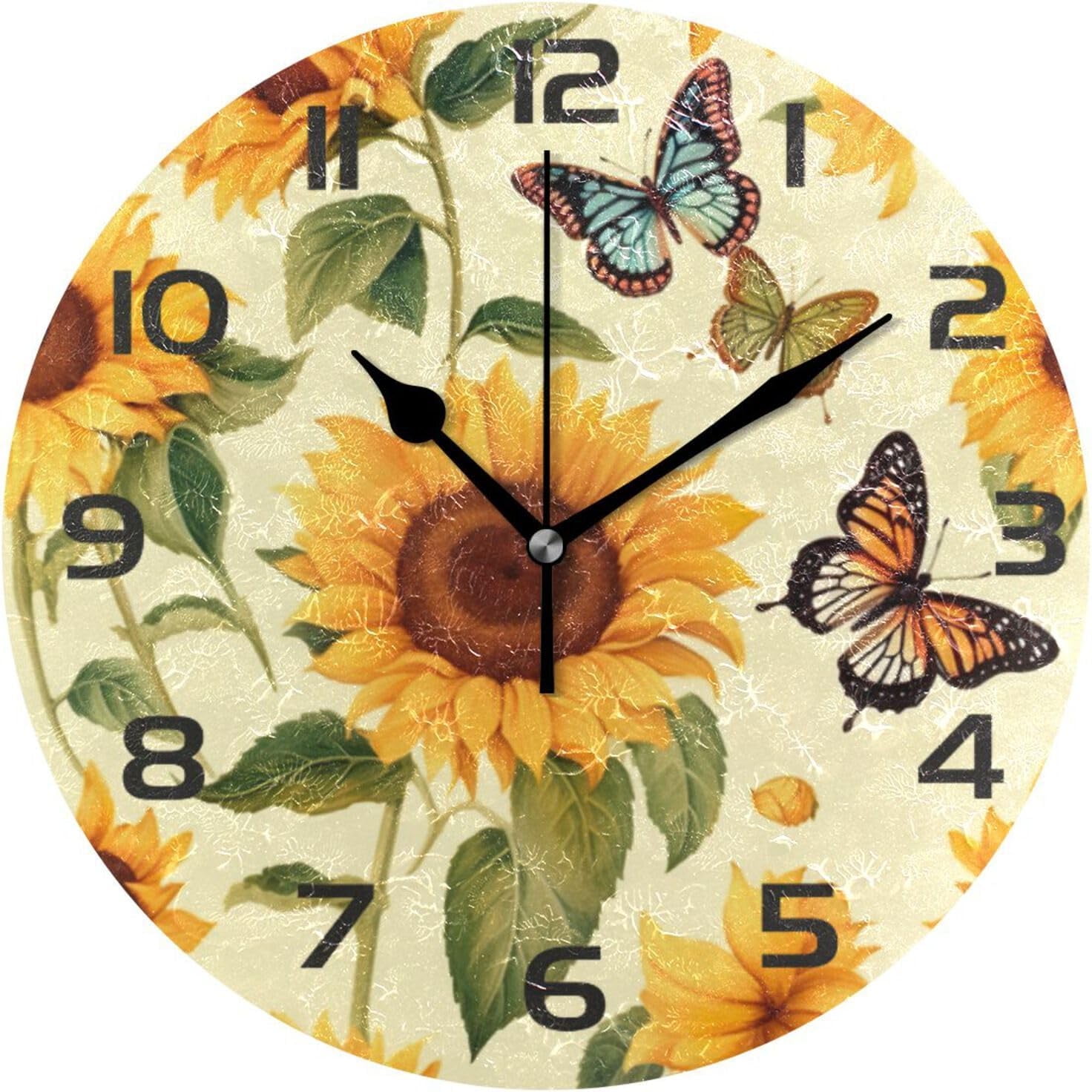 Wall Clock Sunflowers Butterfly 10 Inch Silent Non Ticking Quality ...
