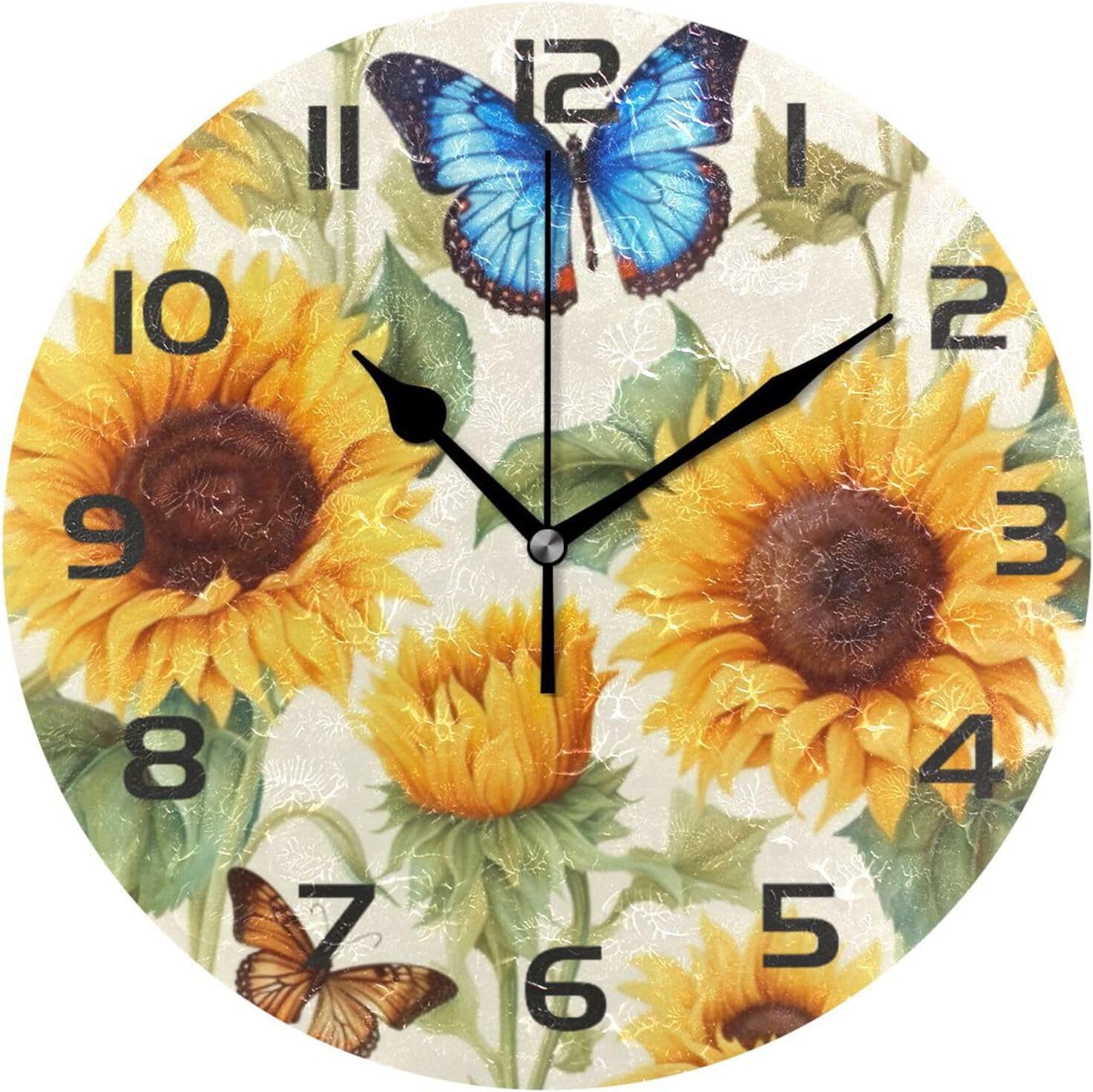 Wall Clock Sunflowers Butterfly 10 Inch Silent Non Ticking Quality ...