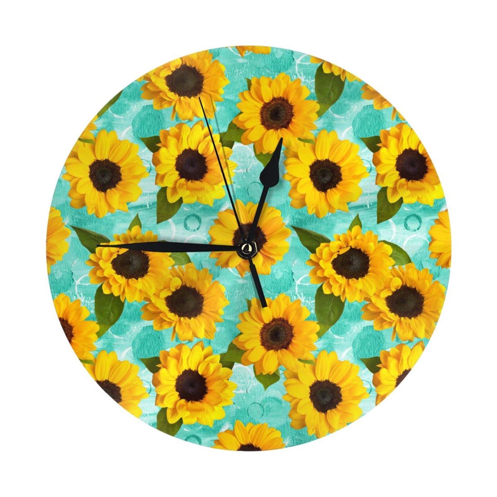 Wall Clock, Sunflowers With Green Leaves Wall Clocks Battery Operated ...