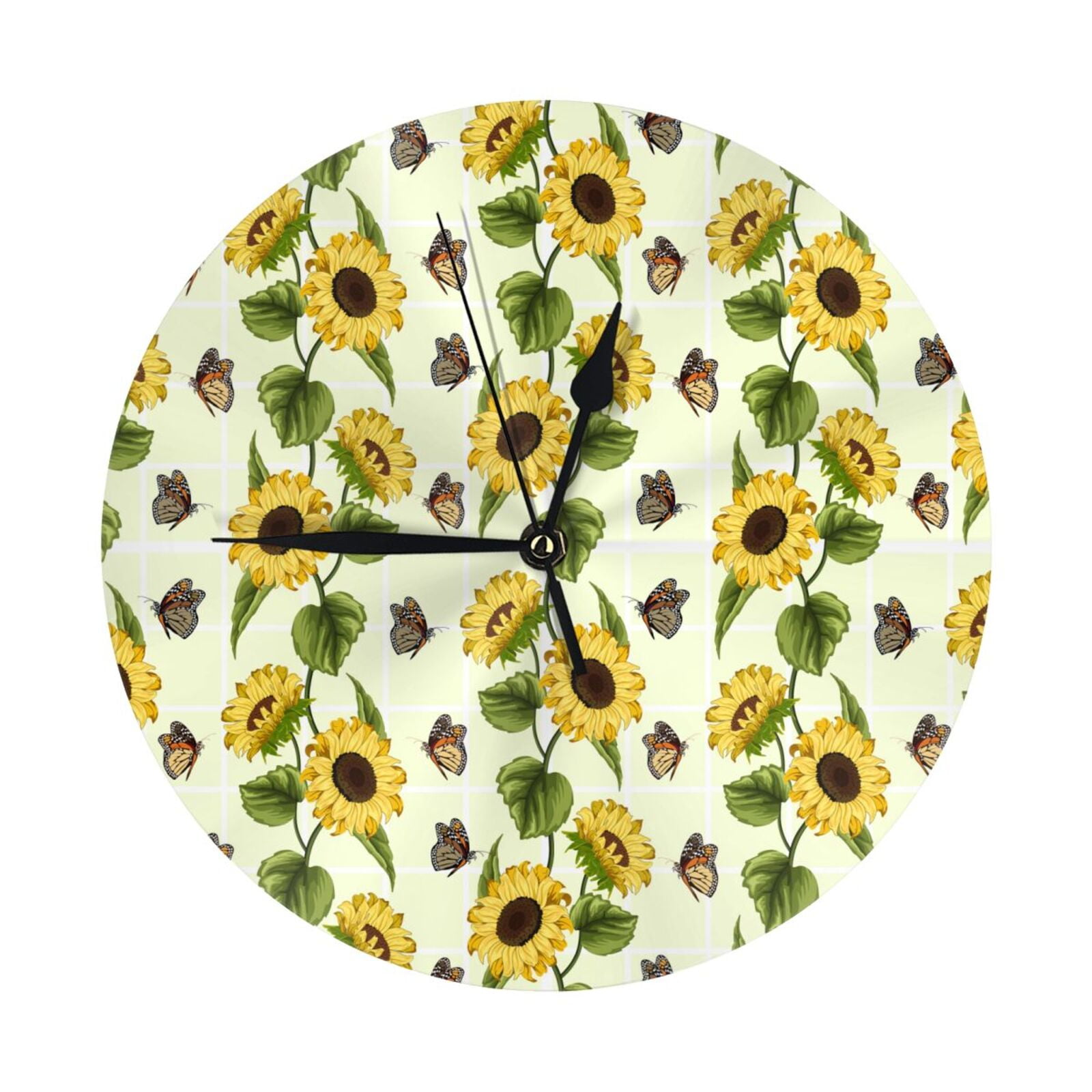 Wall Clock, Sunflowers butterfly yellow checkered Wall Clocks Battery ...