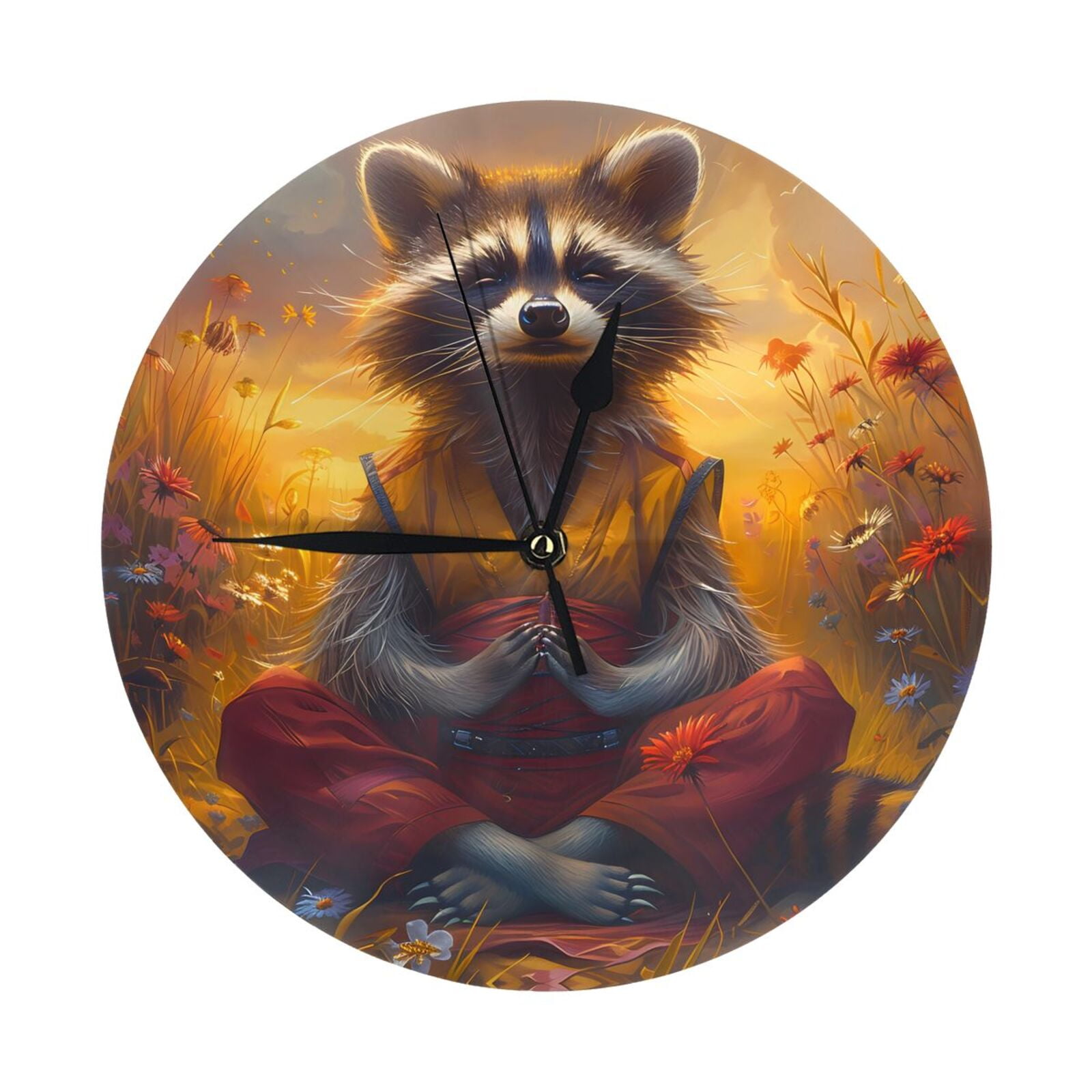Wall Clock - Sunset Flower Meditating Raccoon 9.8 Inch Silent Non ...
