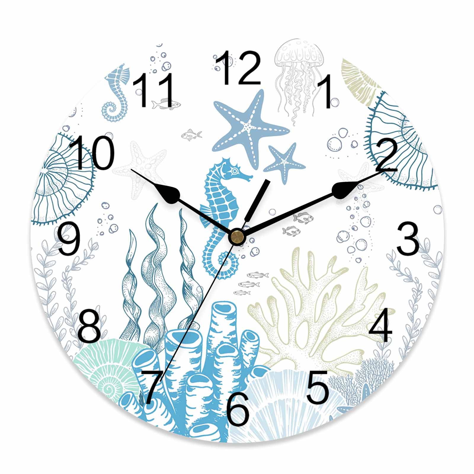 Wall Clock Teal Blue Coral Clocks PVC Silent Non-Ticking Battery ...