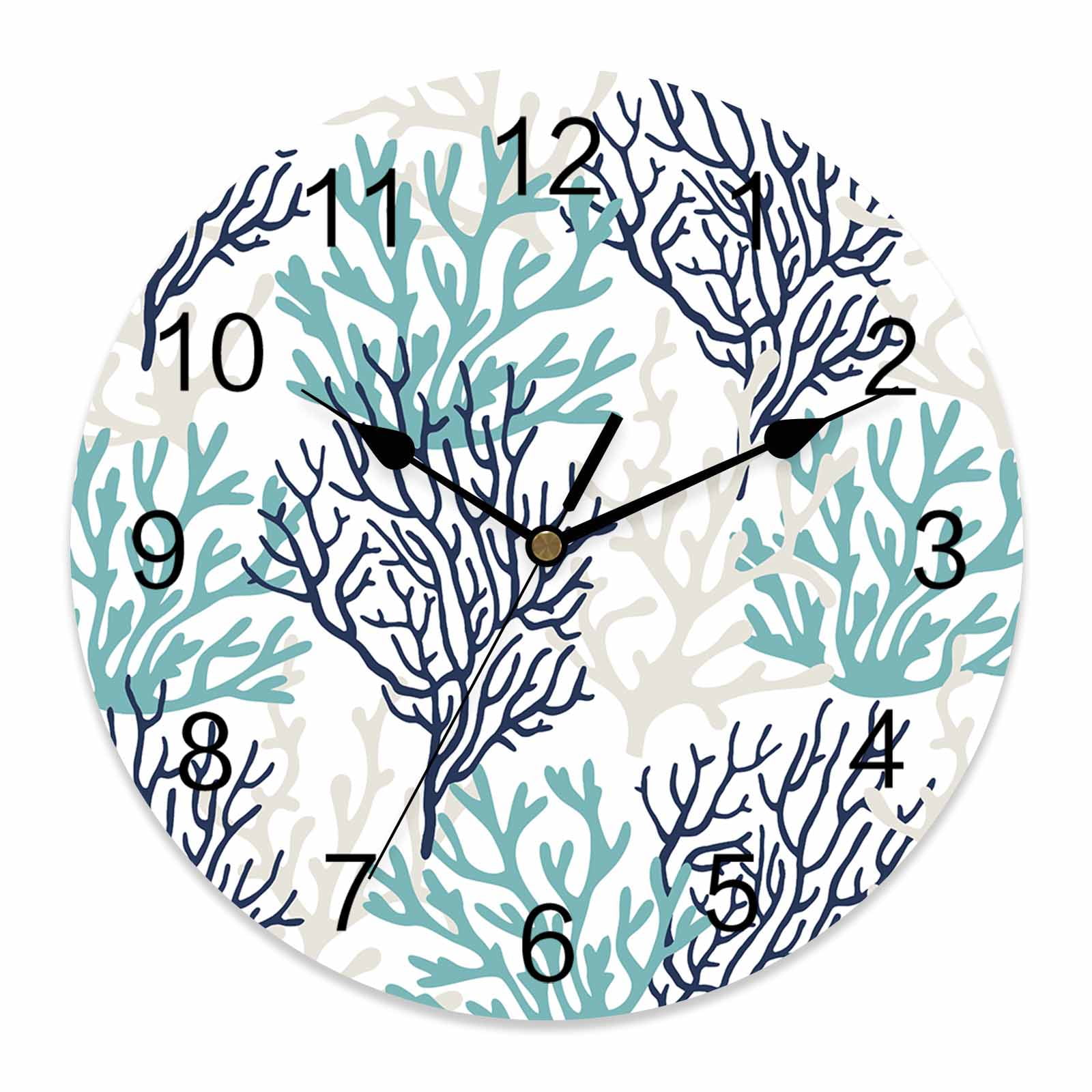 Wall Clock Teal Blue Grey Ocean Coral Clocks PVC Silent Non-Ticking ...