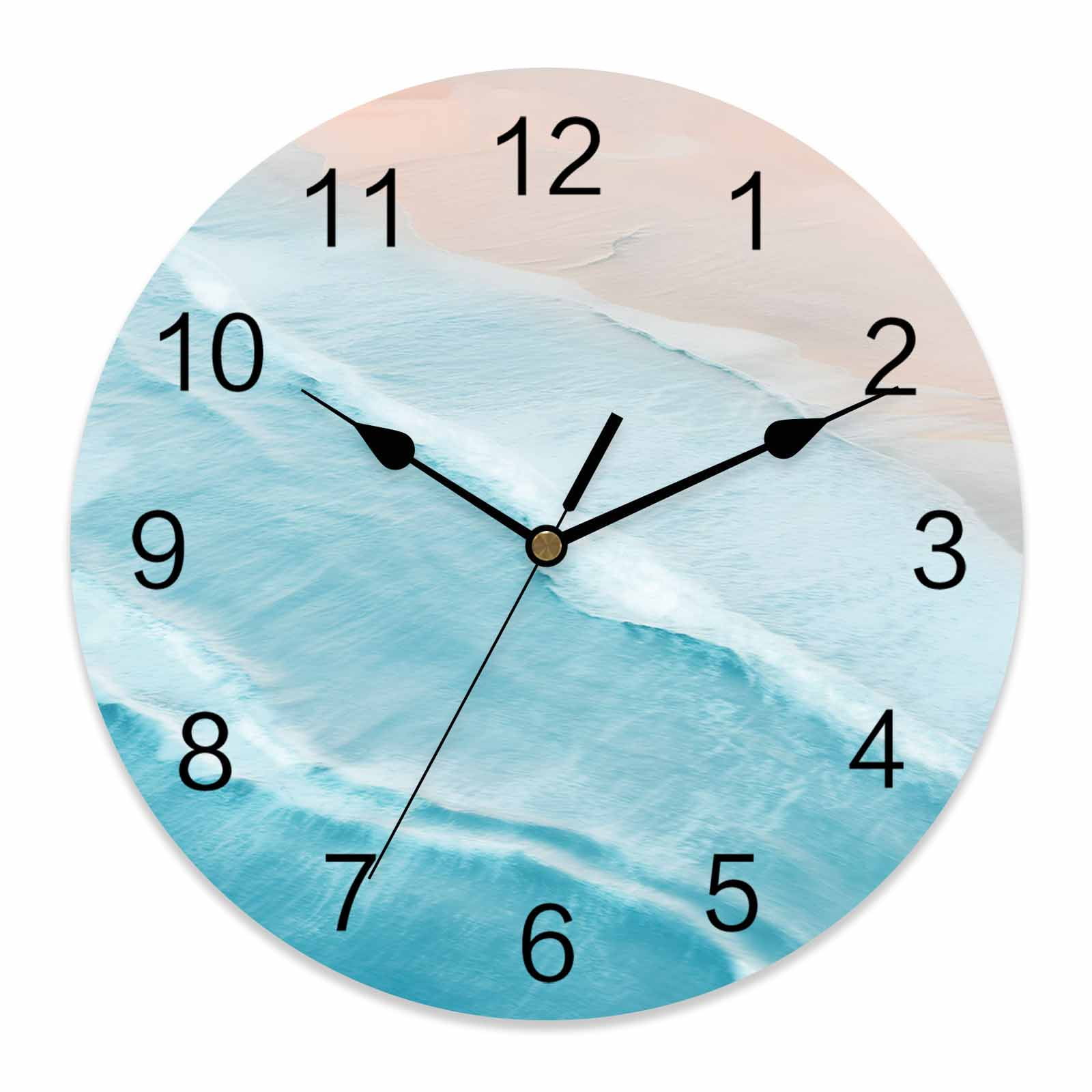 Wall Clock Teal Blue Ocean Waves Clocks PVC Silent Non-Ticking Battery ...