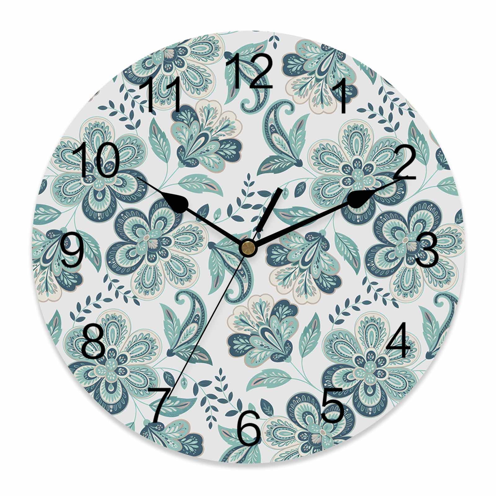 Wall Clock Teal Blue Paisley Pattern Clocks PVC Silent Non-Ticking ...