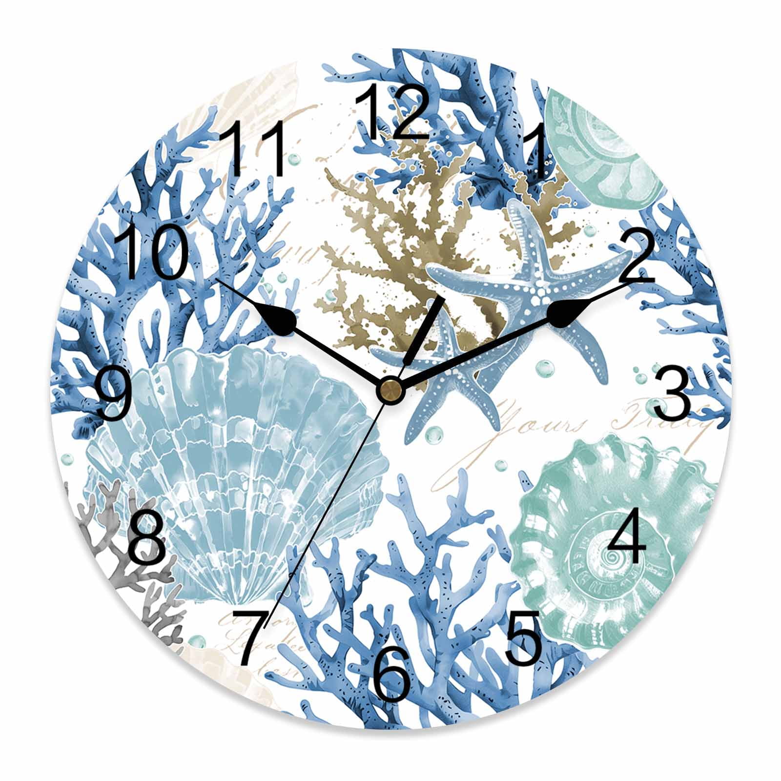 Wall Clock Teal Blue Starfish Conch Clocks PVC Silent Non-Ticking ...