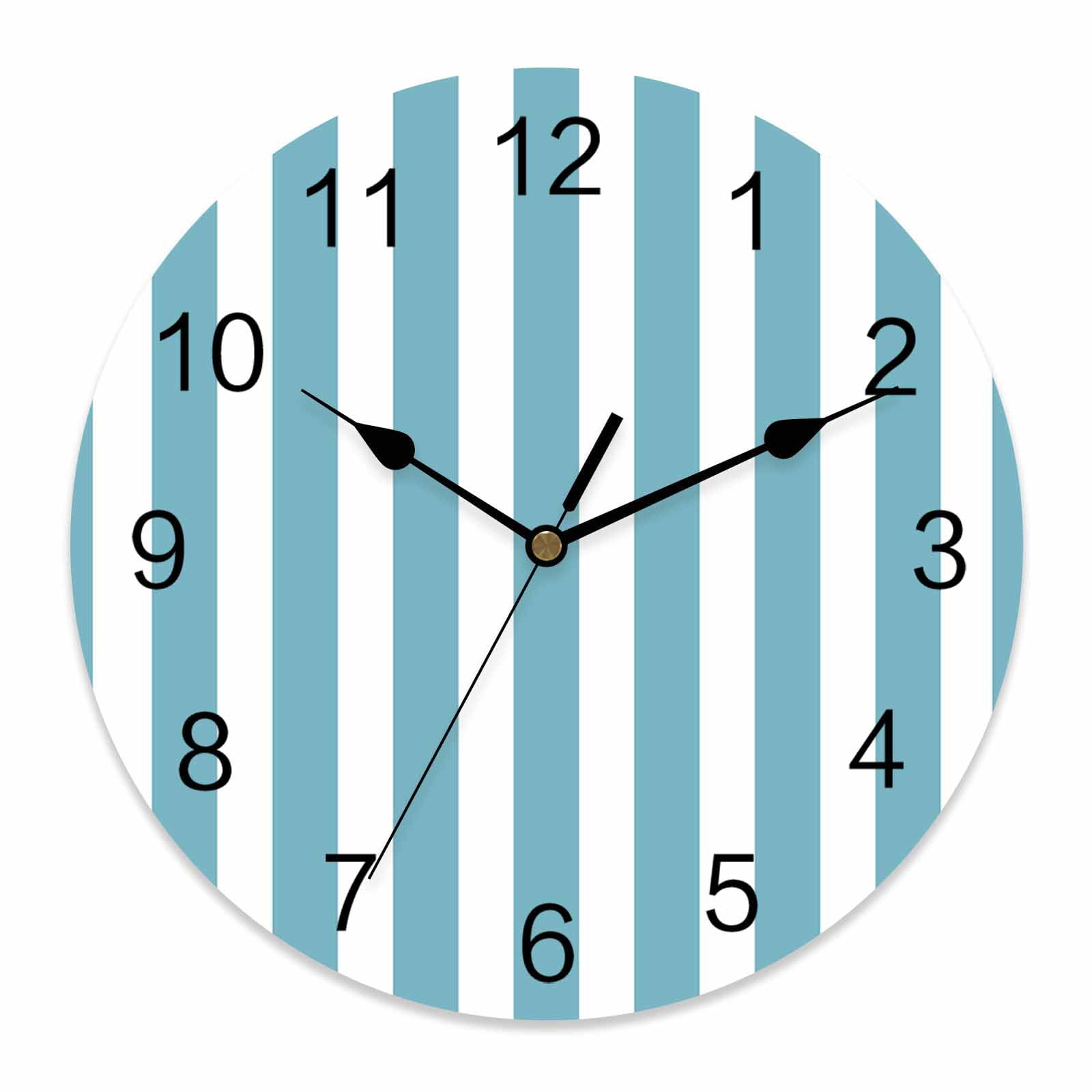 Wall Clock Teal Blue Stripes Clocks PVC Silent Non-Ticking Battery ...