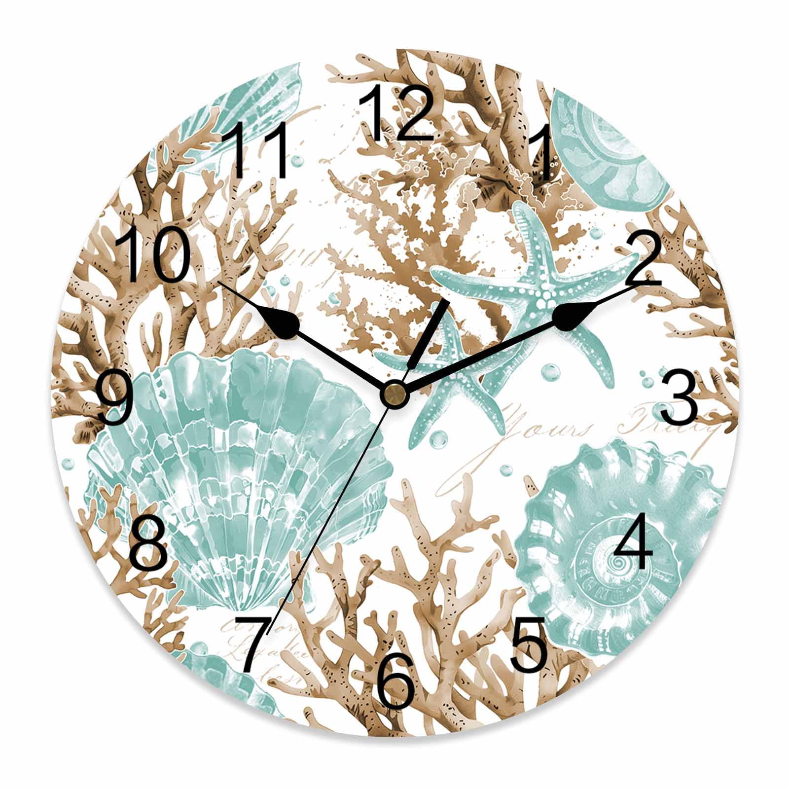 Wall Clock Teal Brown Starfish Conch Clocks PVC Silent Non-Ticking ...