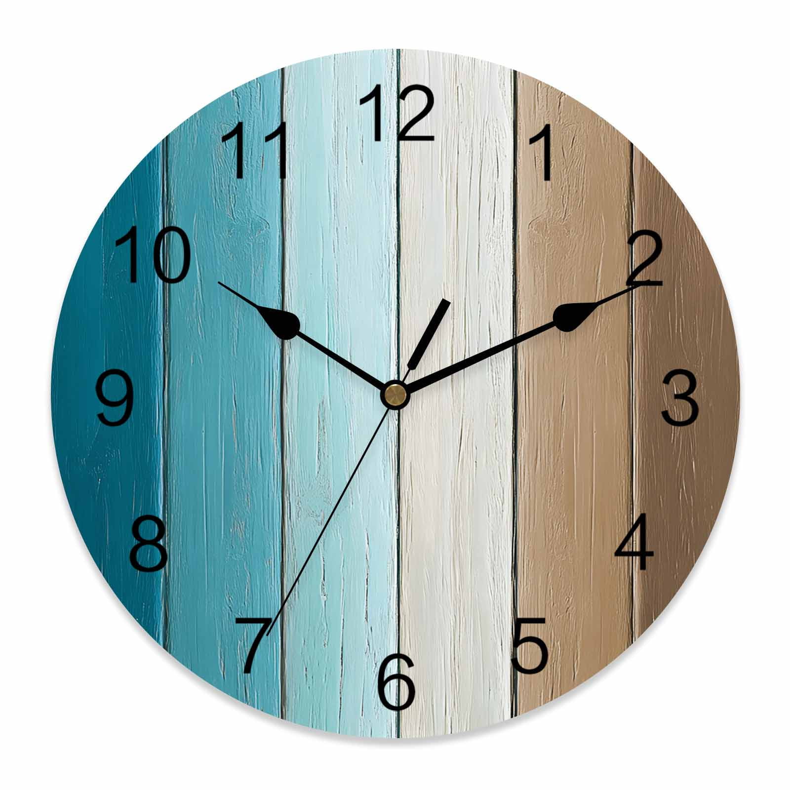 Wall Clock Teal Brown Wood Grain Clocks PVC Silent Non-Ticking Battery ...