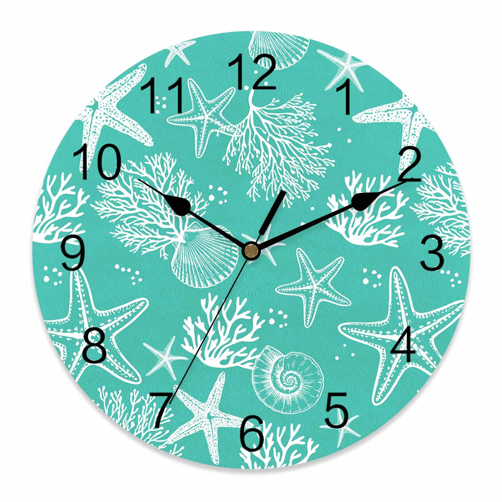 Wall Clock Teal Green Coral Starfish Clocks PVC Silent Non-Ticking ...