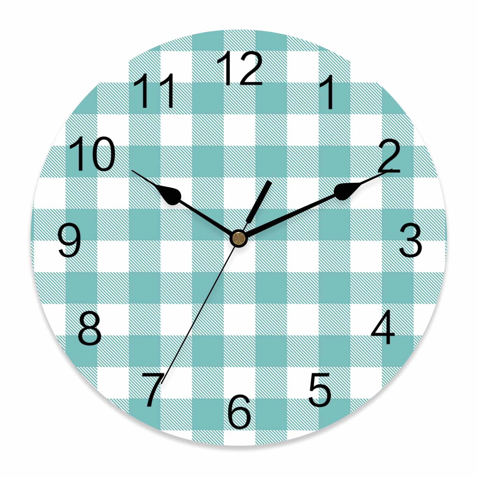 Wall Clock Teal Green White Check Plaid Clocks PVC Silent Non-Ticking ...