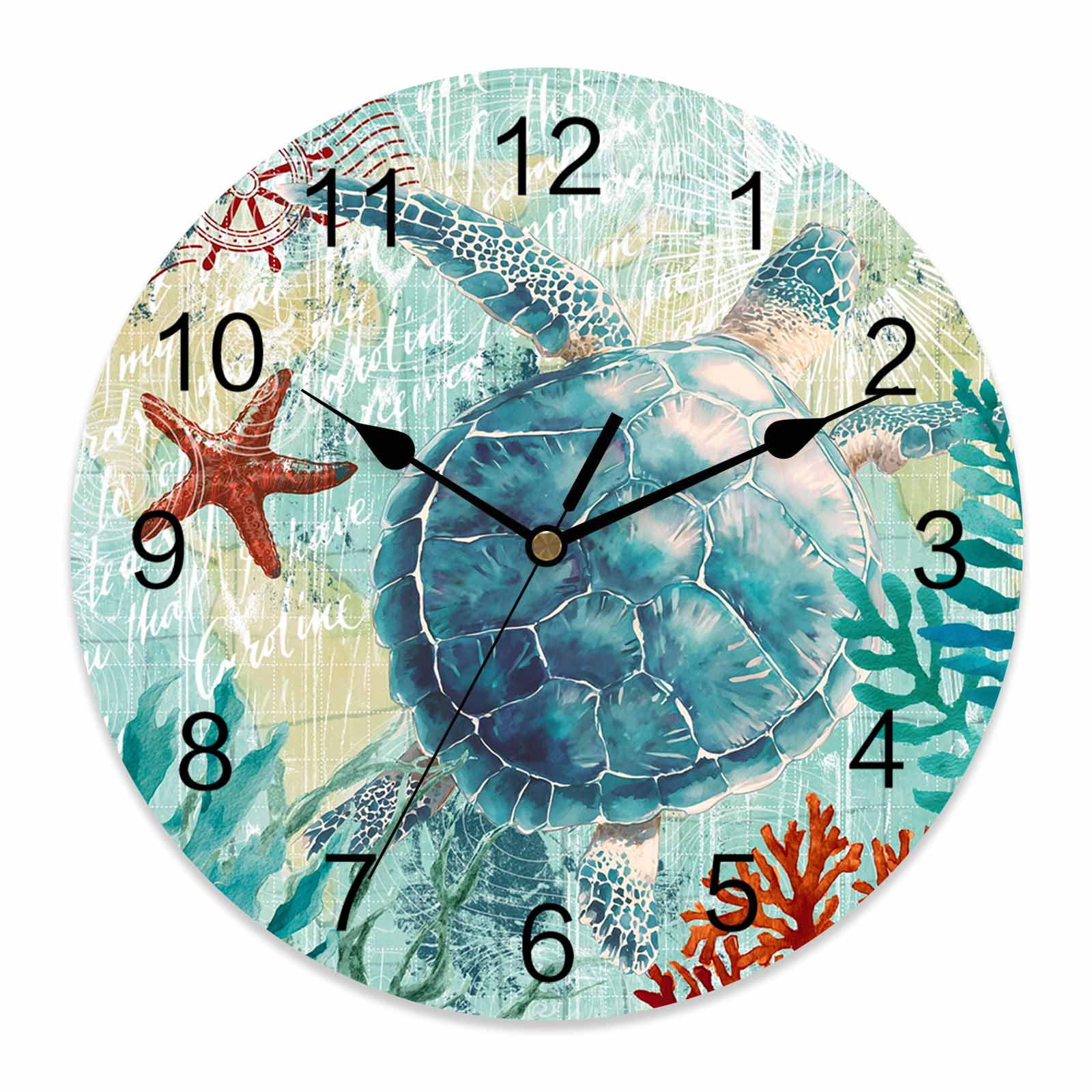 Wall Clock Teal Sea Turtle Clocks PVC Silent Non-Ticking Battery ...