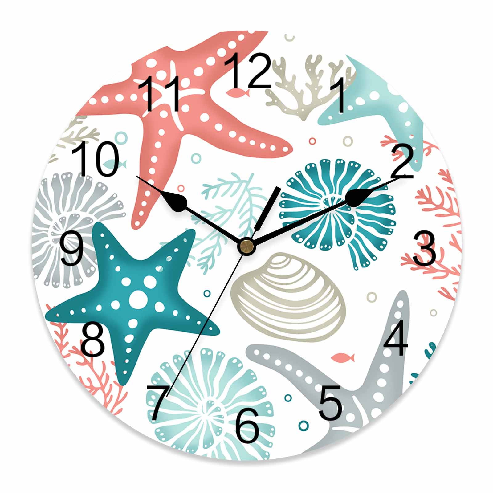 Wall Clock Teal Starfish Clocks PVC Silent Non-Ticking Battery Operated ...
