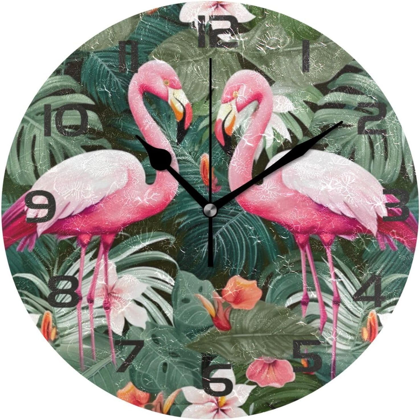 Wall Clock Tropical Flamingos Floral 10 Inch Silent Non Ticking Quality ...