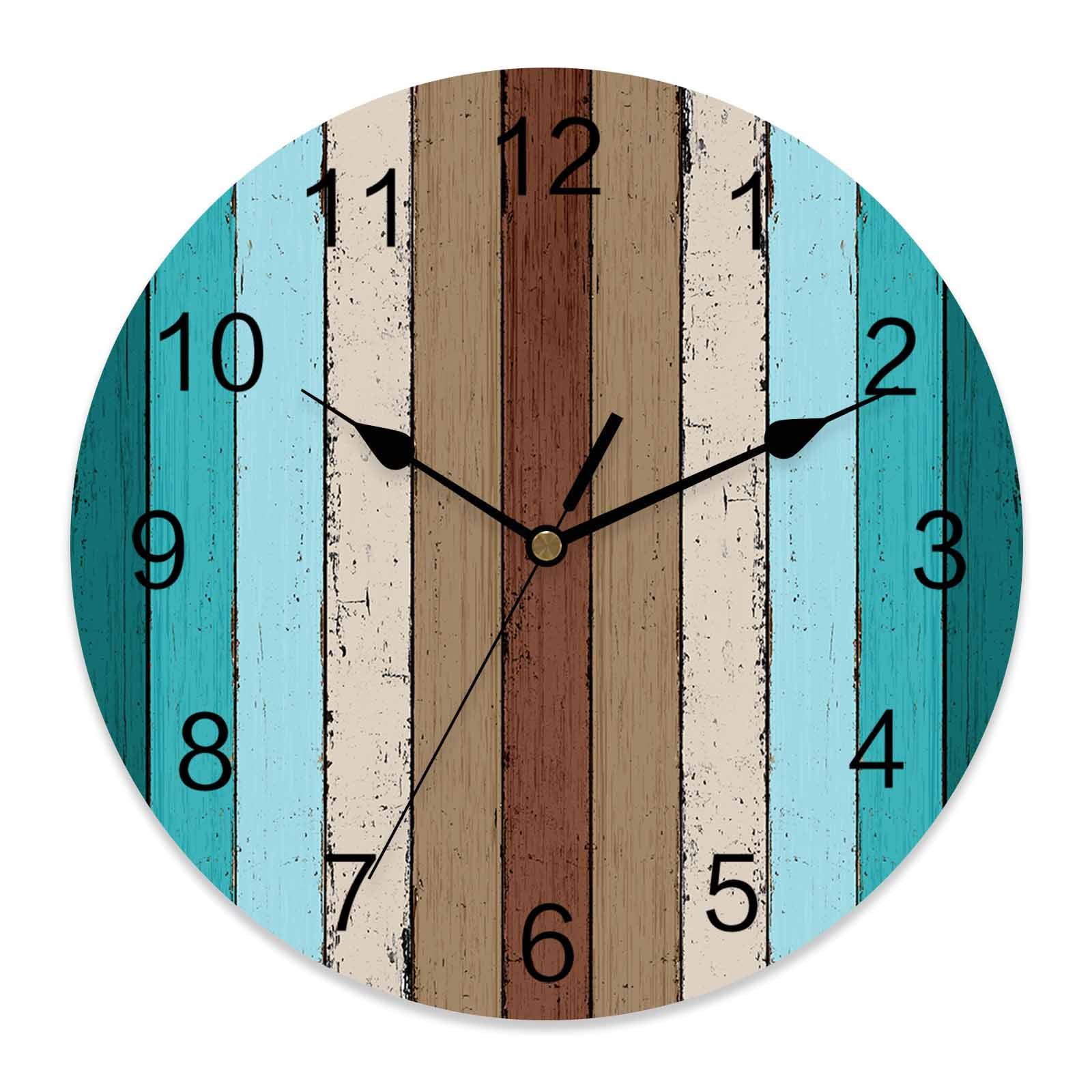 Wall Clock Turquoise Brown Wood Grain Clocks PVC Silent Non-Ticking ...