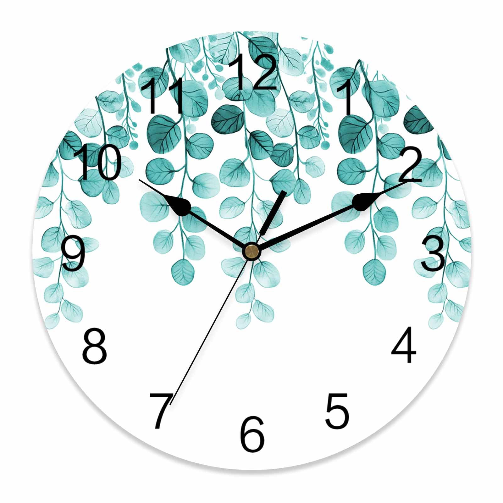 Wall Clock Turquoise Eucalyptus Leaf Clocks PVC Silent Non-Ticking ...