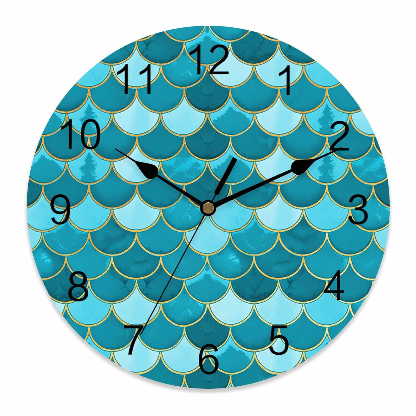 Wall Clock Turquoise Fish Scales Clocks PVC Silent Non-Ticking Battery ...