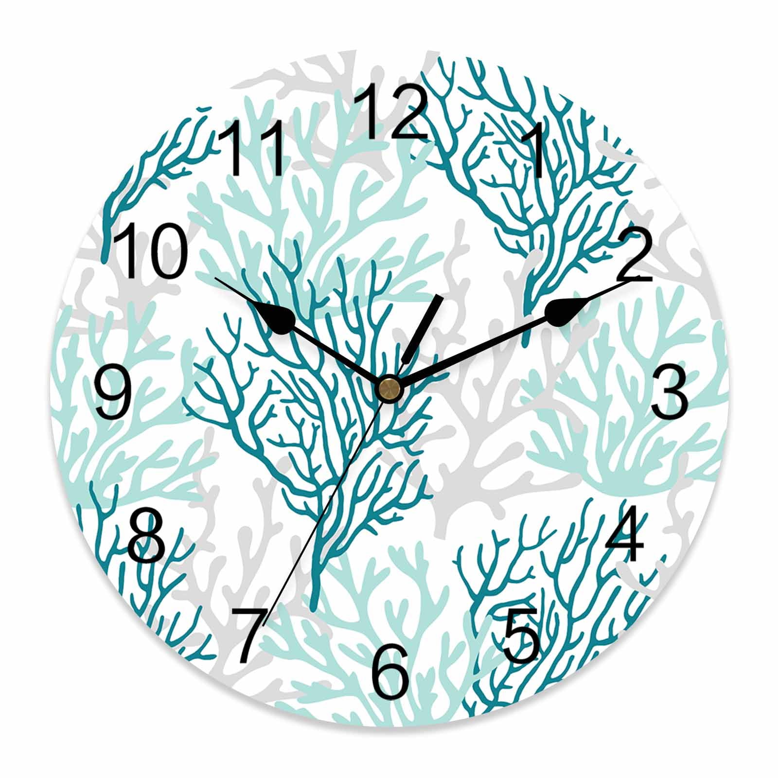 Wall Clock Turquoise Grey Ocean Coral Clocks PVC Silent Non-Ticking ...