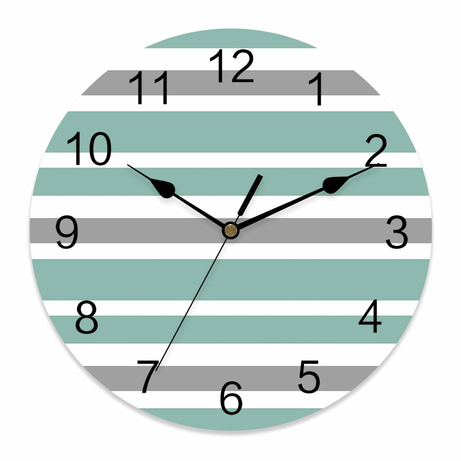 Wall Clock Turquoise Grey Stripes Clocks PVC Silent Non-Ticking Battery ...