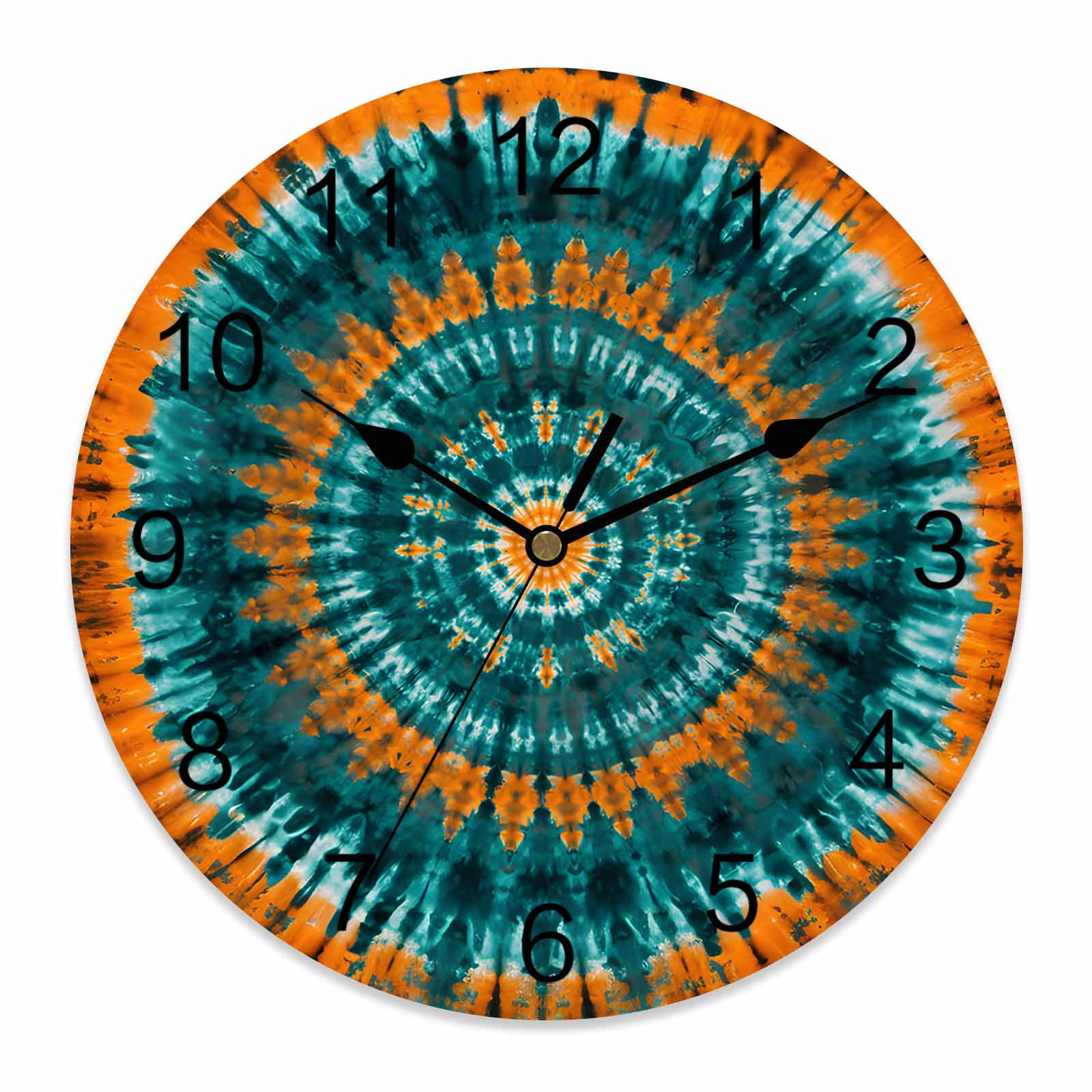 Wall Clock Turquoise Orange Tie-Dye Art Clocks PVC Silent Non-Ticking ...