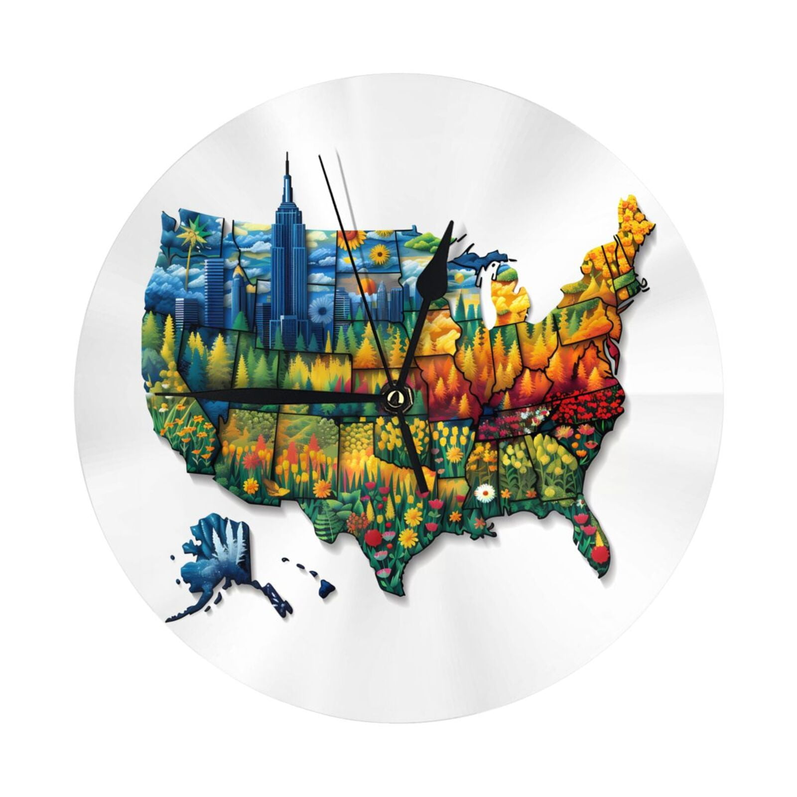 Wall Clock, USA Map Floral States Wall Clocks Battery Operated Silent ...
